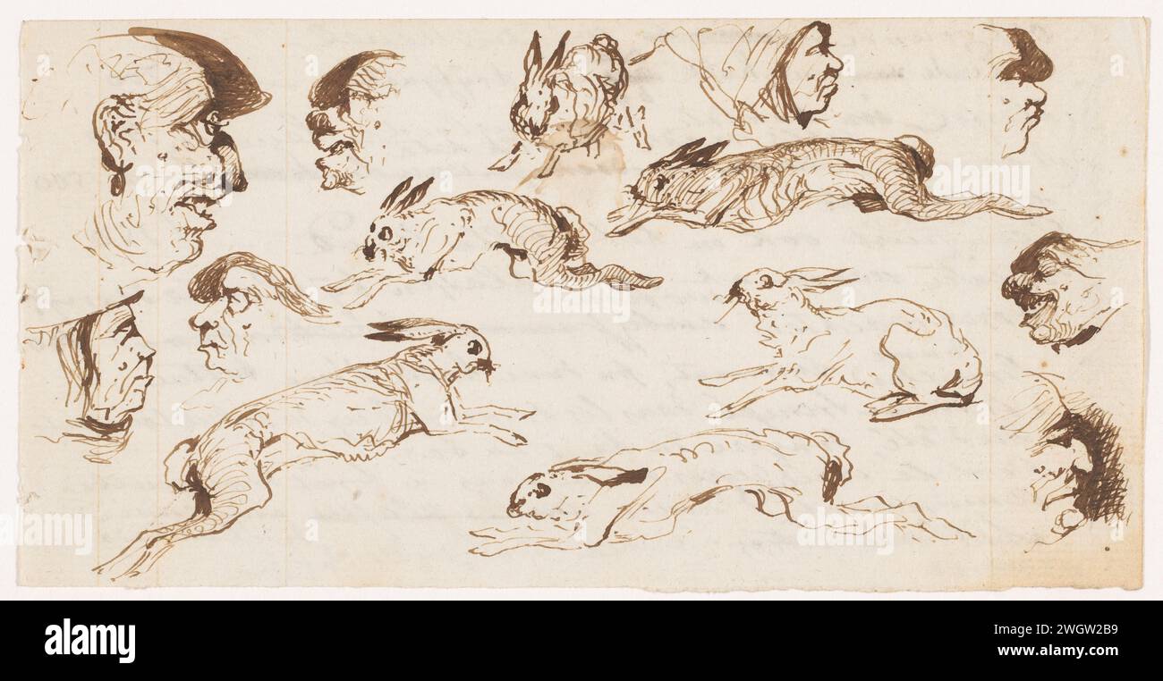 Sketch leaf with hares and heads, Johannes Tavenraat, 1840 - 1880 ...
