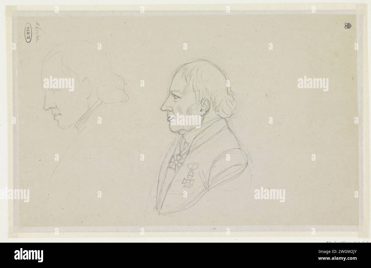Two profile sketches of Jan Willem Pieneman, Louis Royer, 1803 - 1868 ...