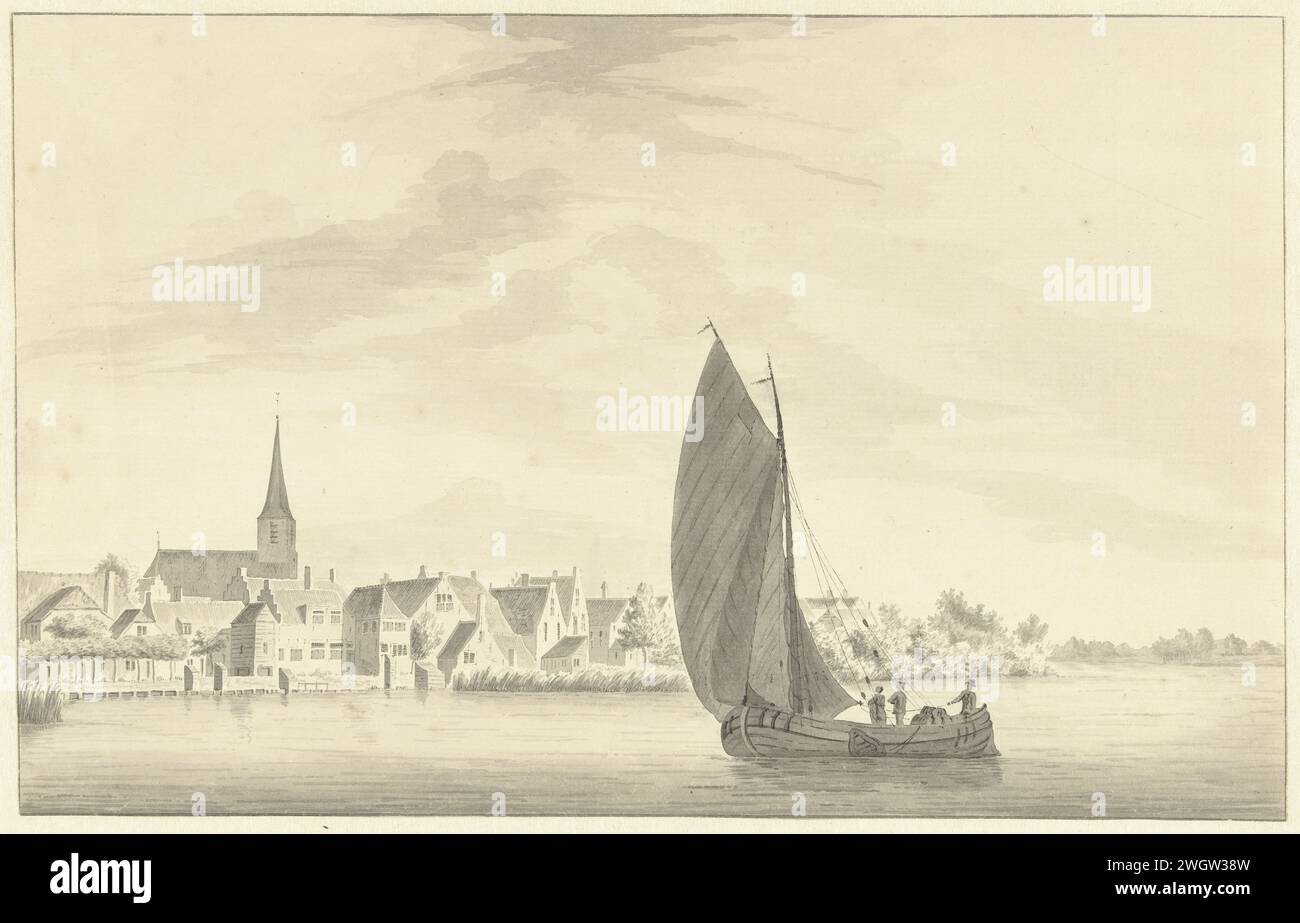 The village of Gouderak with a sailing ship in the foreground ...