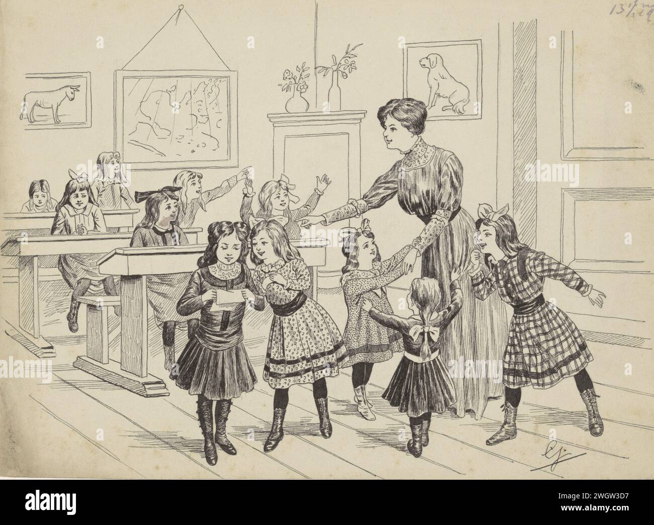 School class with girls and a teacher, 1868 - 1931 drawing In a room ...