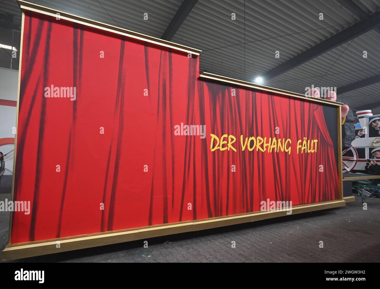 Cologne, Germany. 06th Feb, 2024. A motif float stands in a hall at the ...