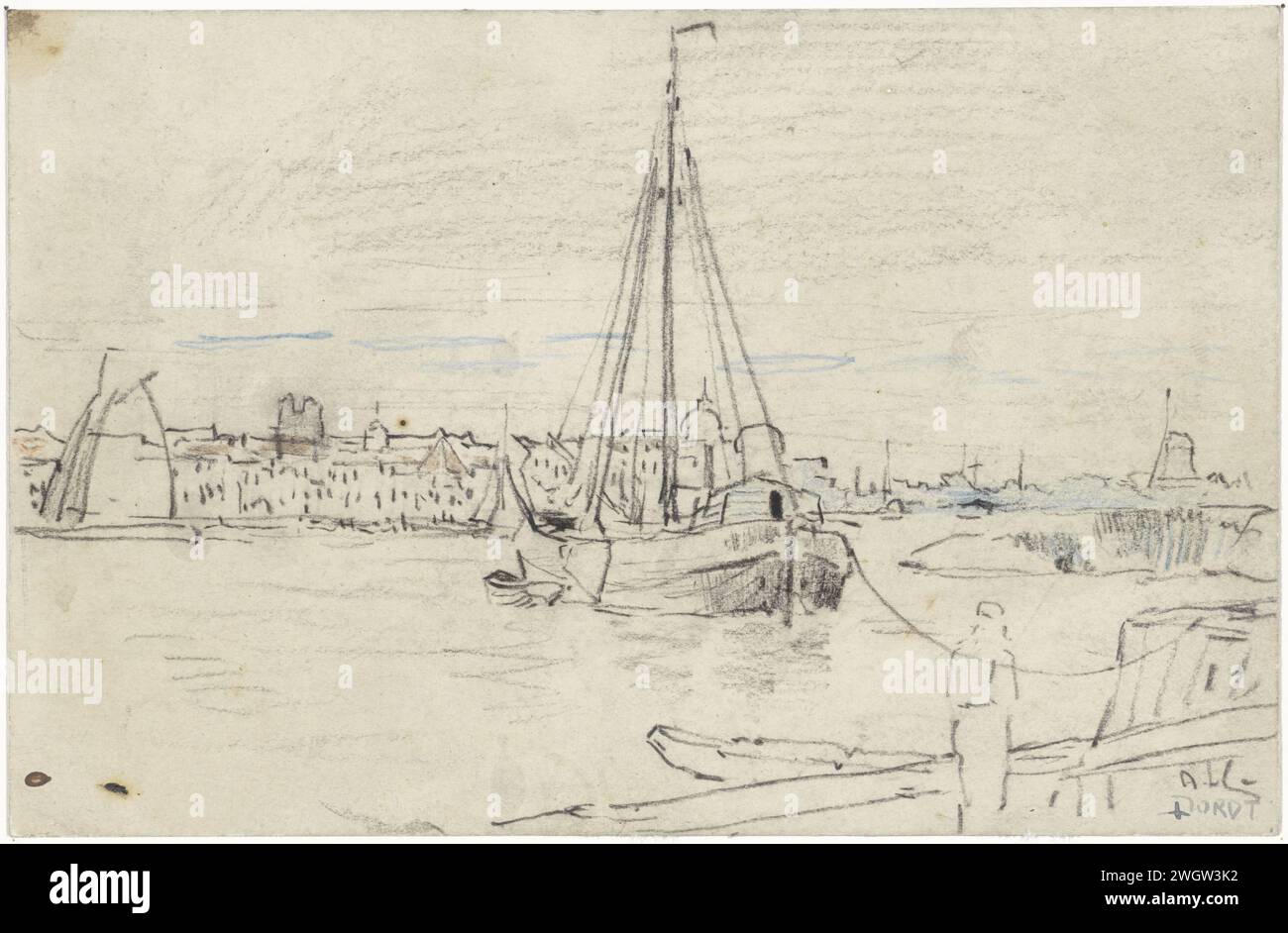 River face with a view of Dordrecht, Adolf Le Comte, 1860 - 1921 ...