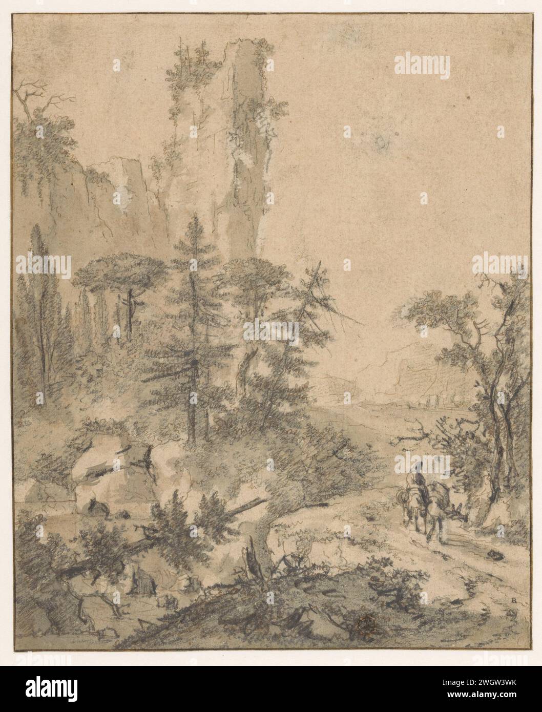 Bergweg with man with two mules, Cornelis de Wael, 1602 - 1667 drawing ...