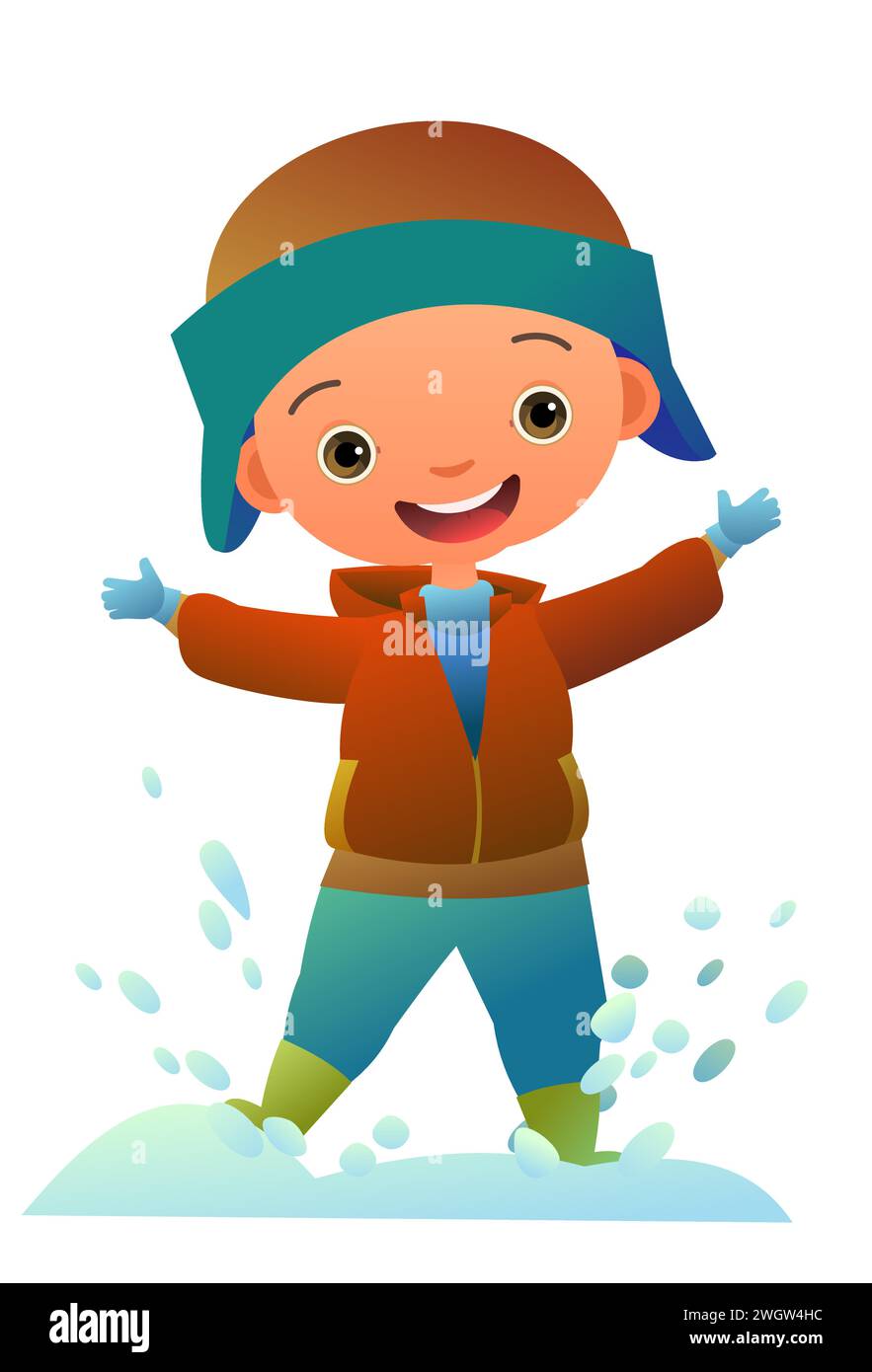 Boy splashing snow. Child in winter clothes. Fun frost. Winter clothes ...