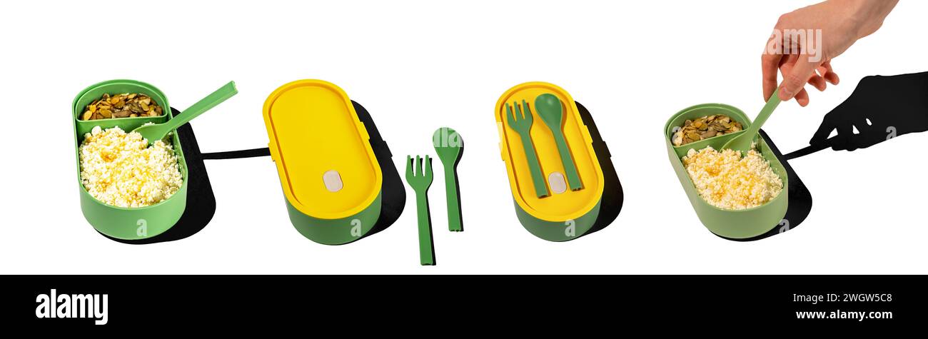 Hand holding fork, eating curds and honey from lunch box Stock Photo ...