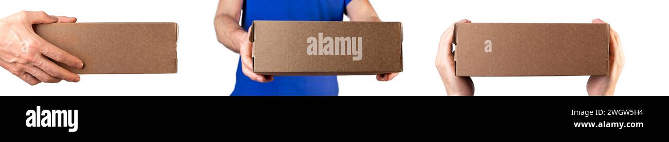 Hands holding, giving abstract cardboard box, carton package isolated ...