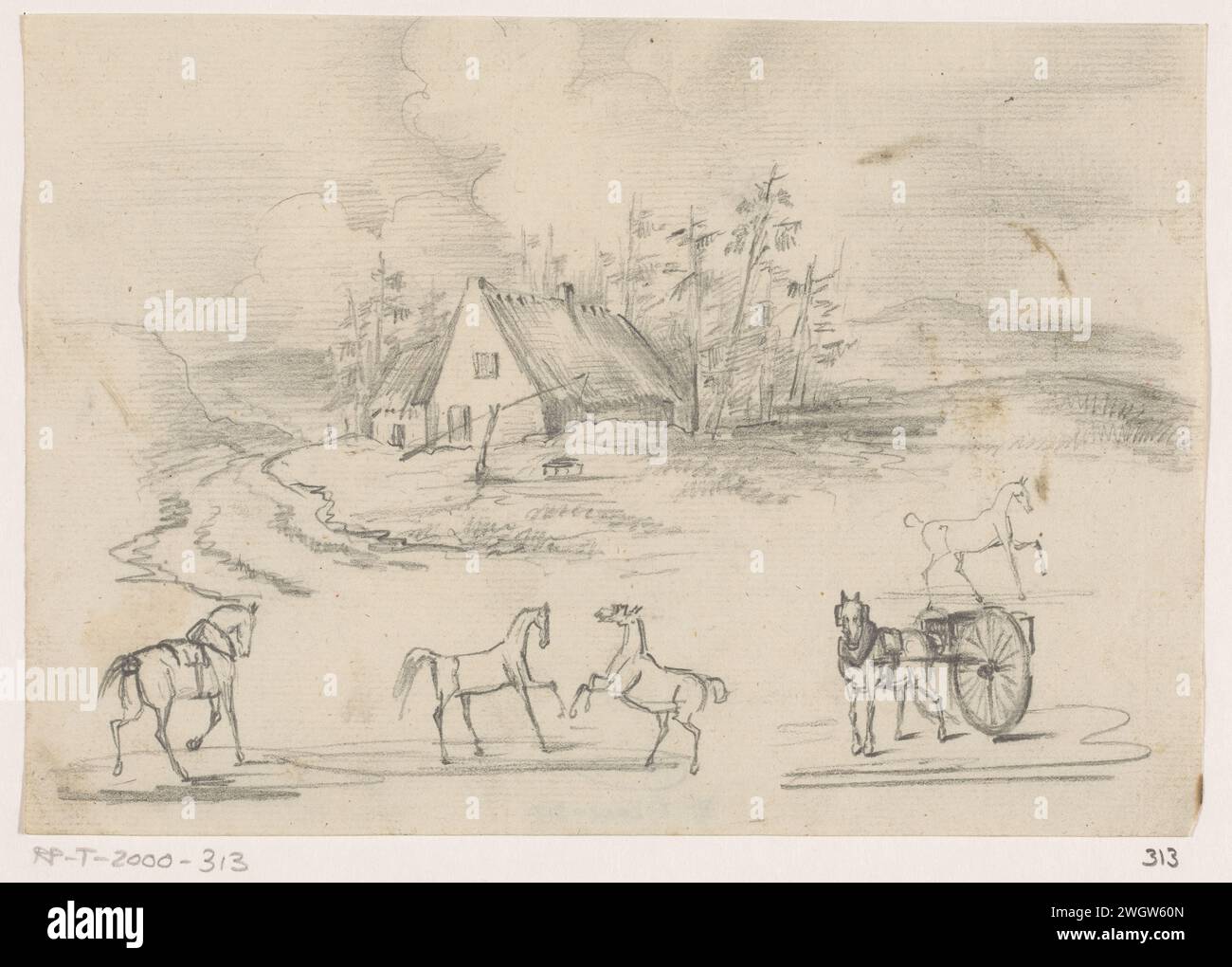 Farm and Horses, Johannes Taventrate, 1840 - 1880 drawing paper. pencil ...