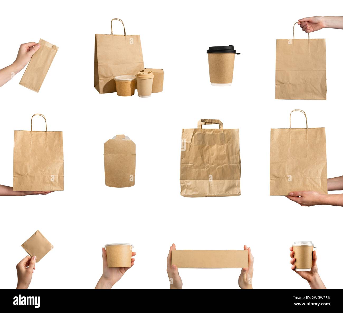 Paper packages set. Carton kraft packs, containers, bags, boxes ...