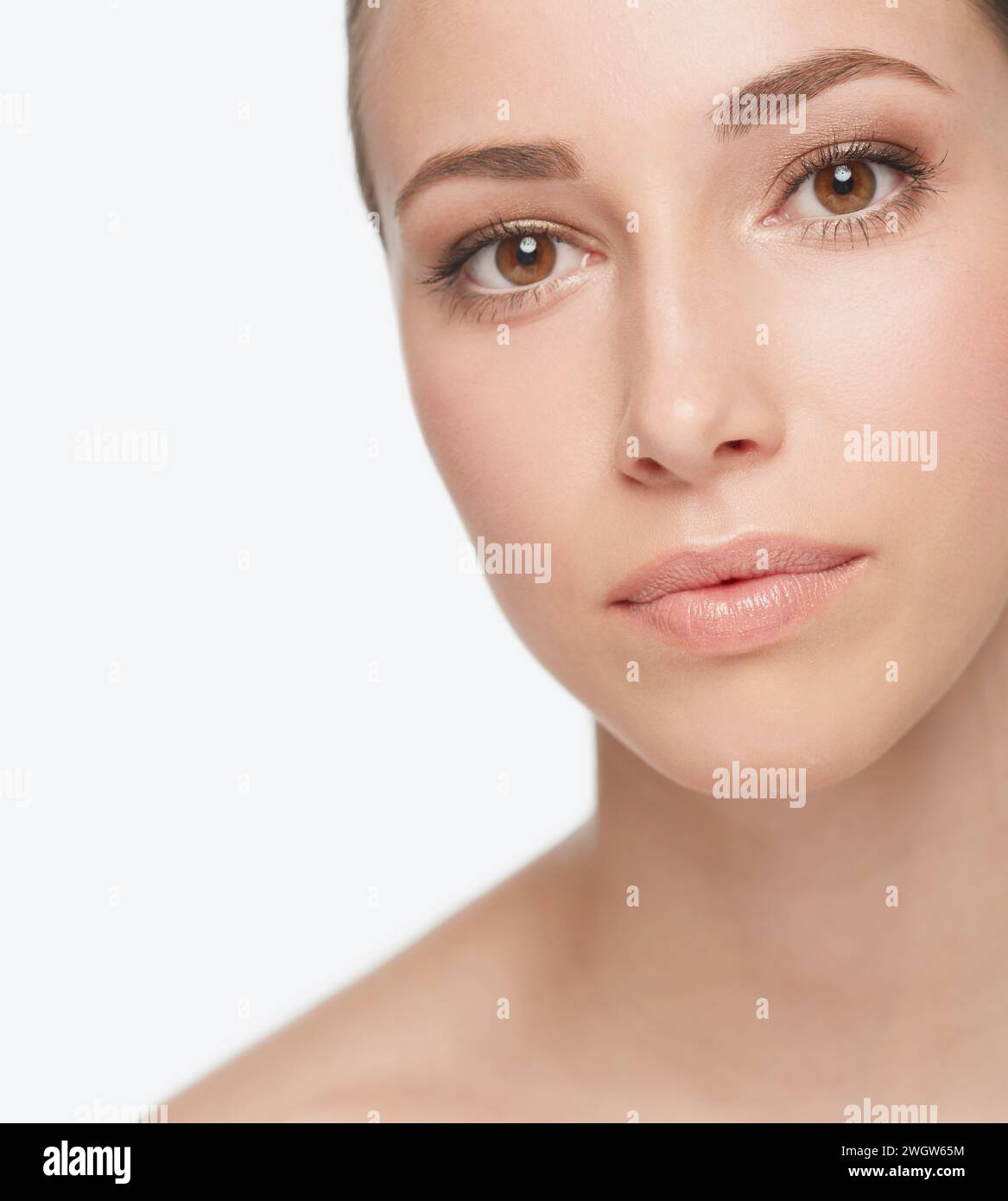 Portrait, beauty and skincare of woman in makeup, shine or glow ...