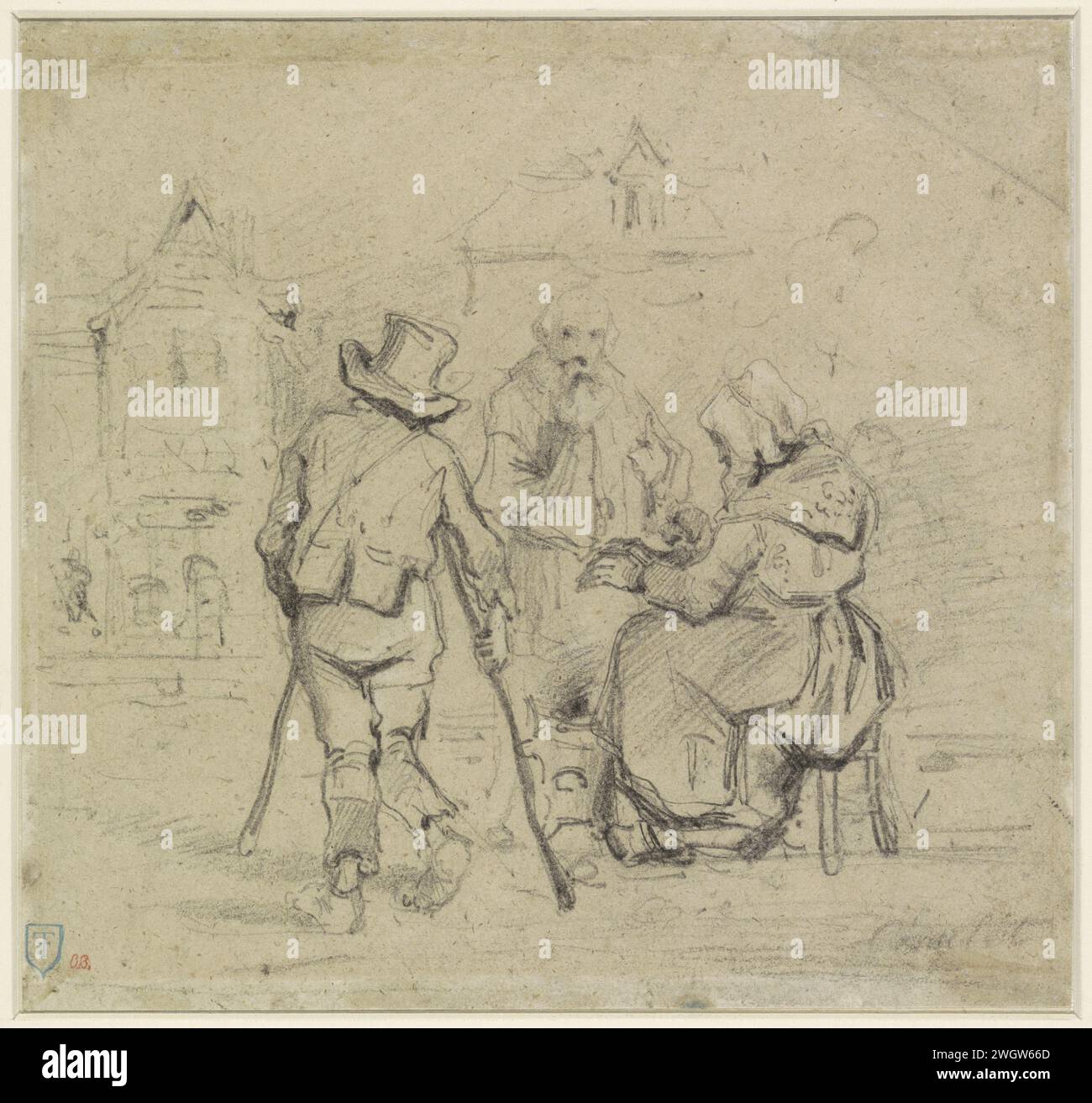 Street scene with a man on crutches and an old woman who warms her ...