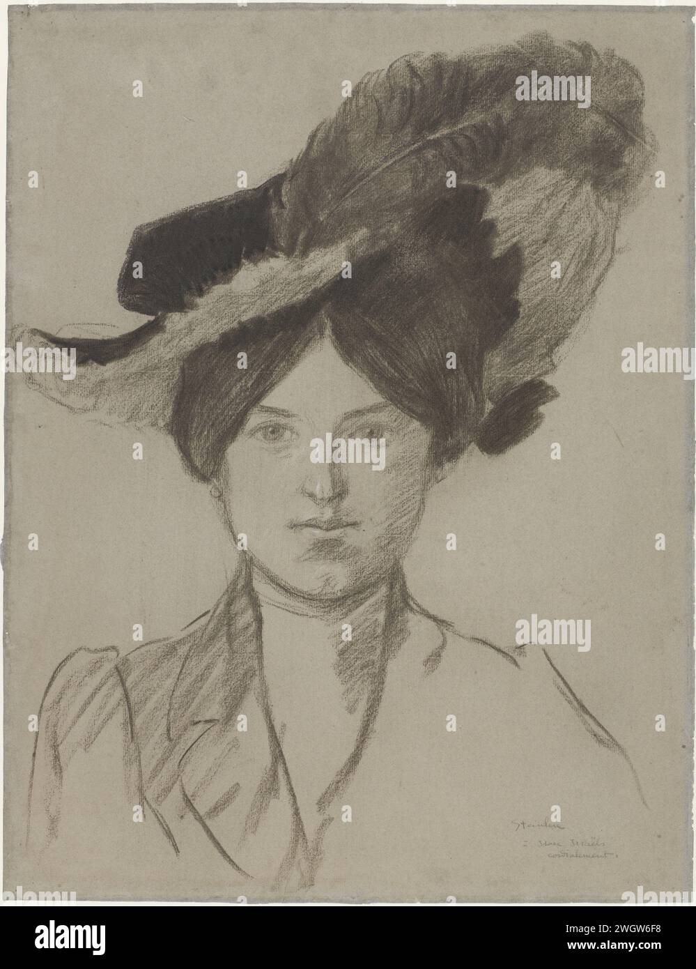 Portrait of a lady with a wide hat with feathers, seen from the front ...