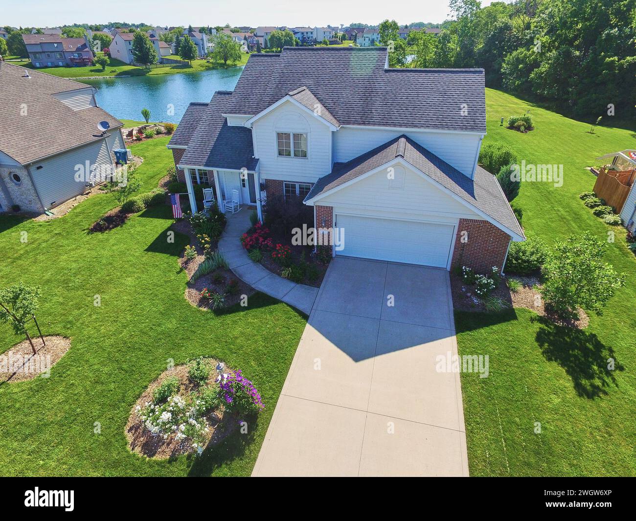 Aerial View of Traditional Suburban House by Waterfront, Fort Wayne ...