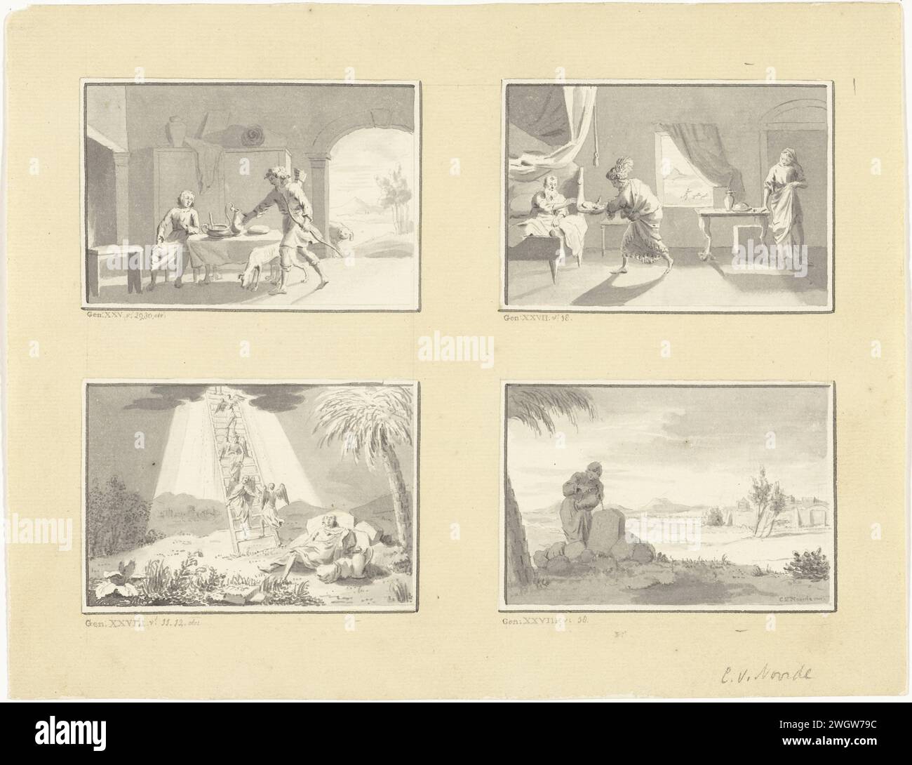 Four illustrations from the story of Izaäk, Jakob and Ezau, Cornelis ...