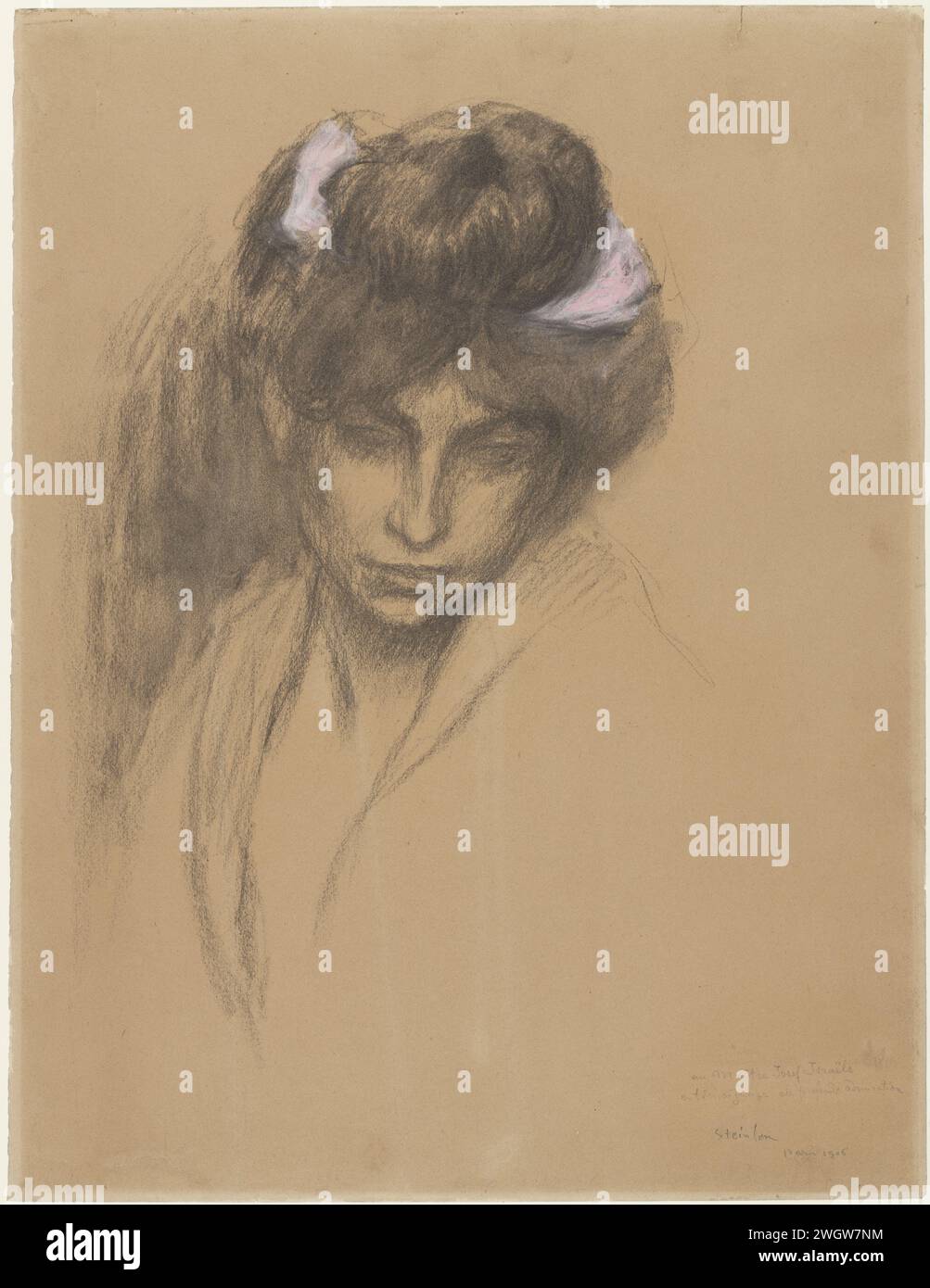 Dark girl's head, looking forward, with a purple ribbon in the hair ...