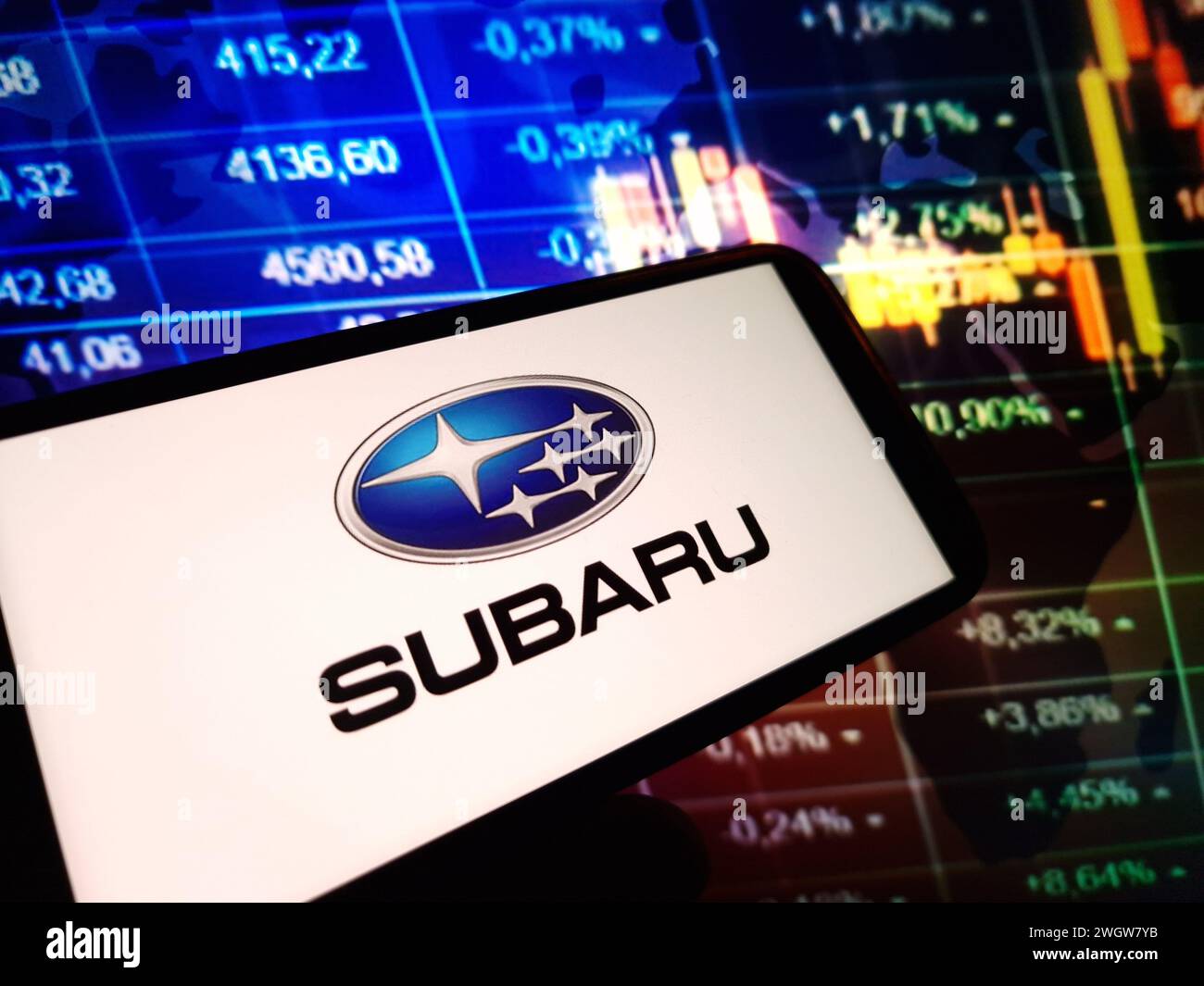 Konskie, Poland - February 05, 2024: Subaru company logo displayed on ...