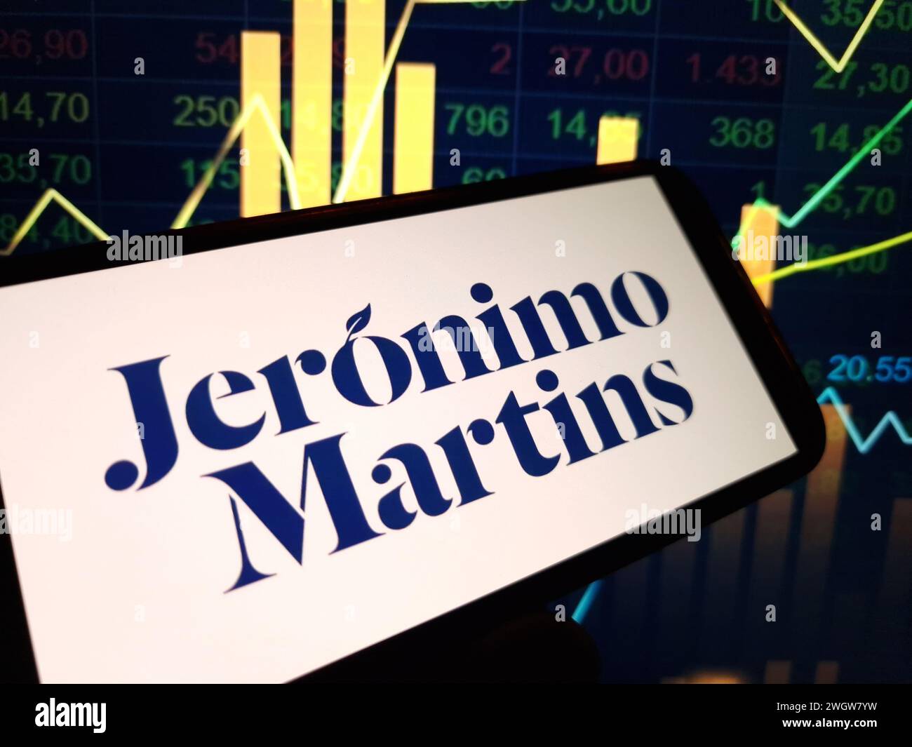 Konskie, Poland - February 05, 2024: Jeronimo Martins company logo ...