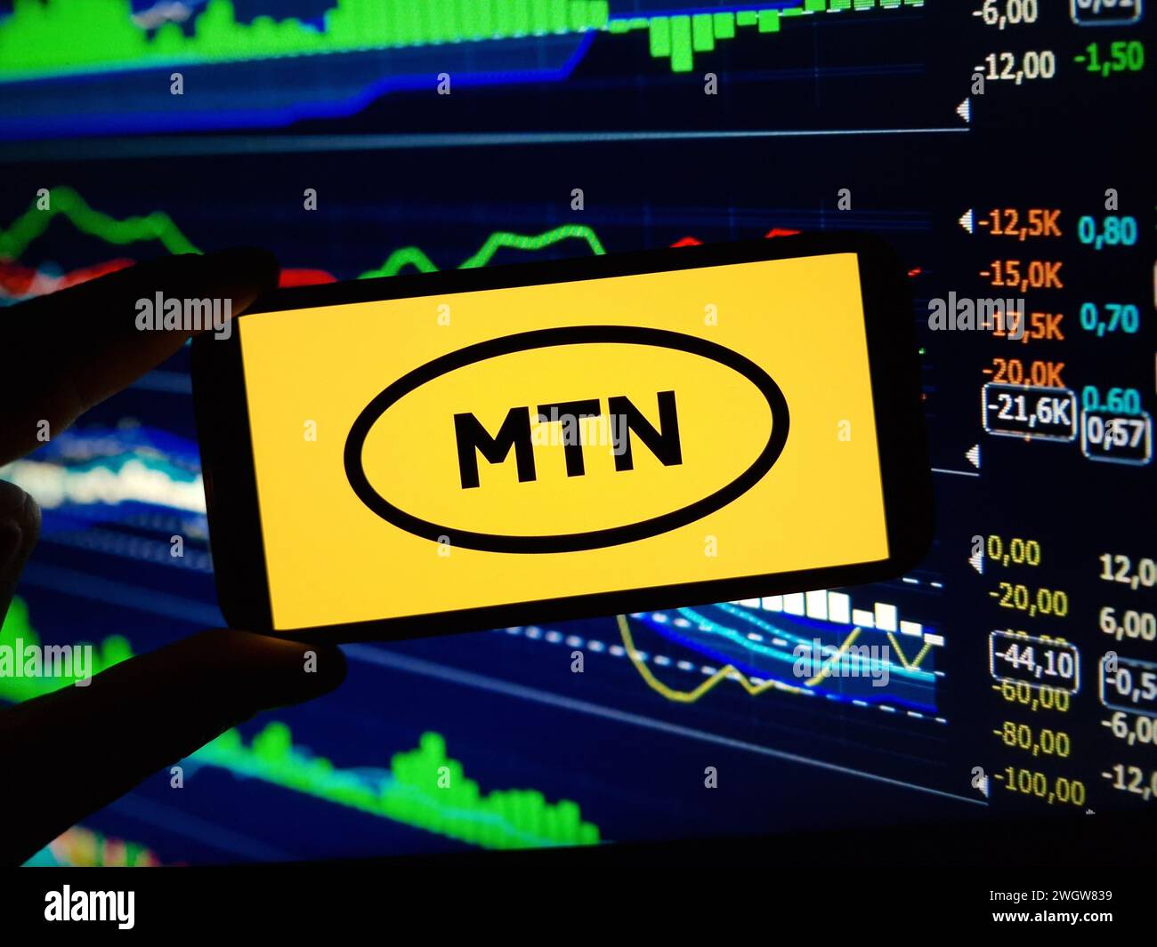 Konskie, Poland - February 05, 2024: MTN Group company logo displayed on mobile phone Stock ...