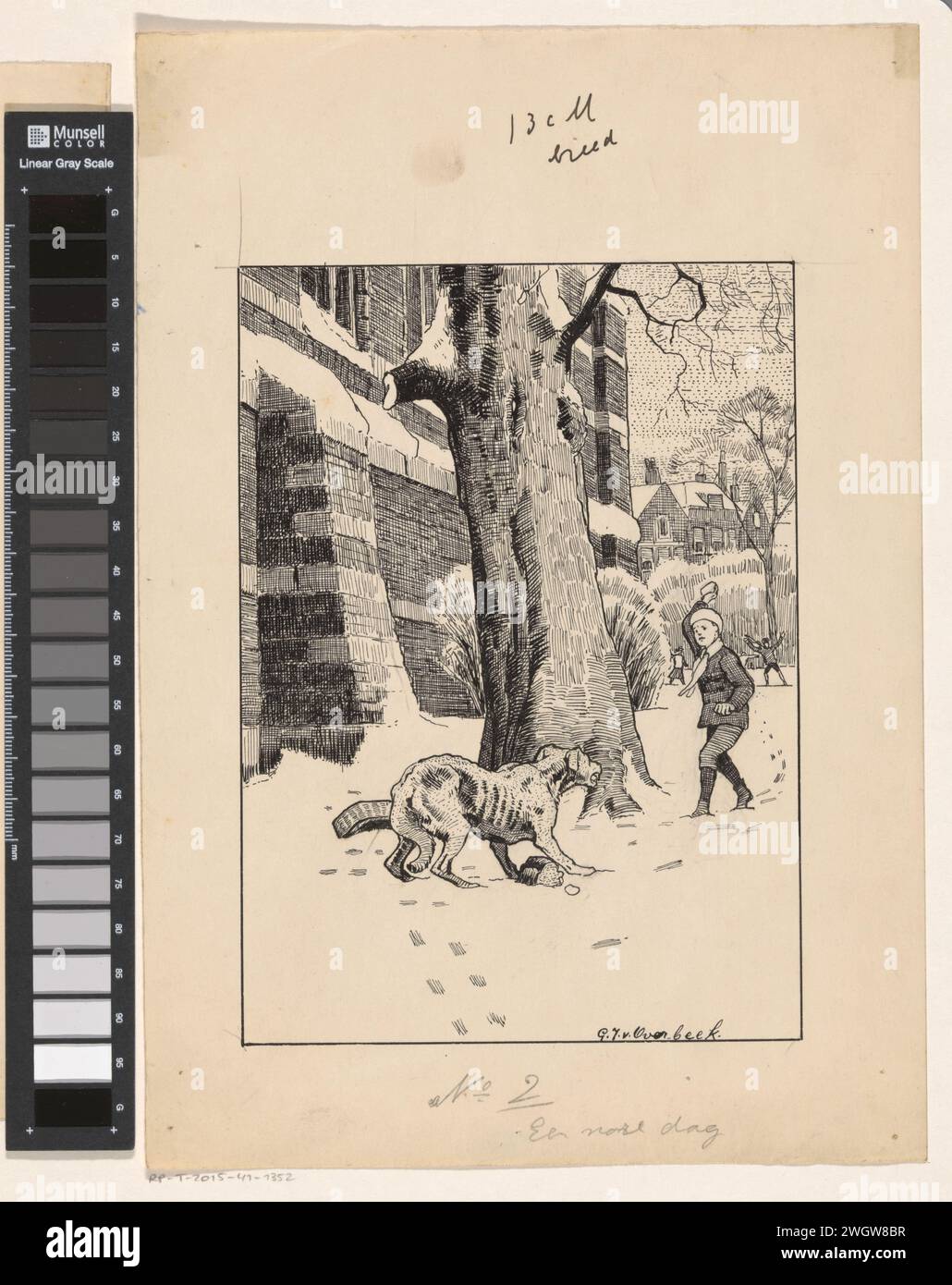 Boy throws a snowball towards a dog, Gijsbertus Johannes van Overbeek ...
