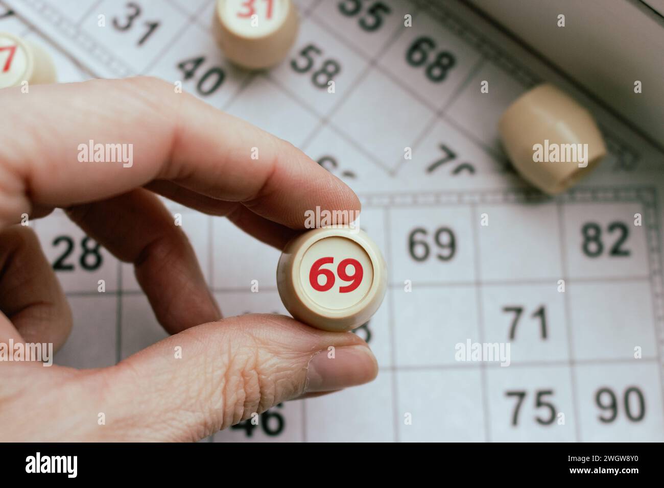 Playing lotto game. Person holding cube with figure on bingo card ...