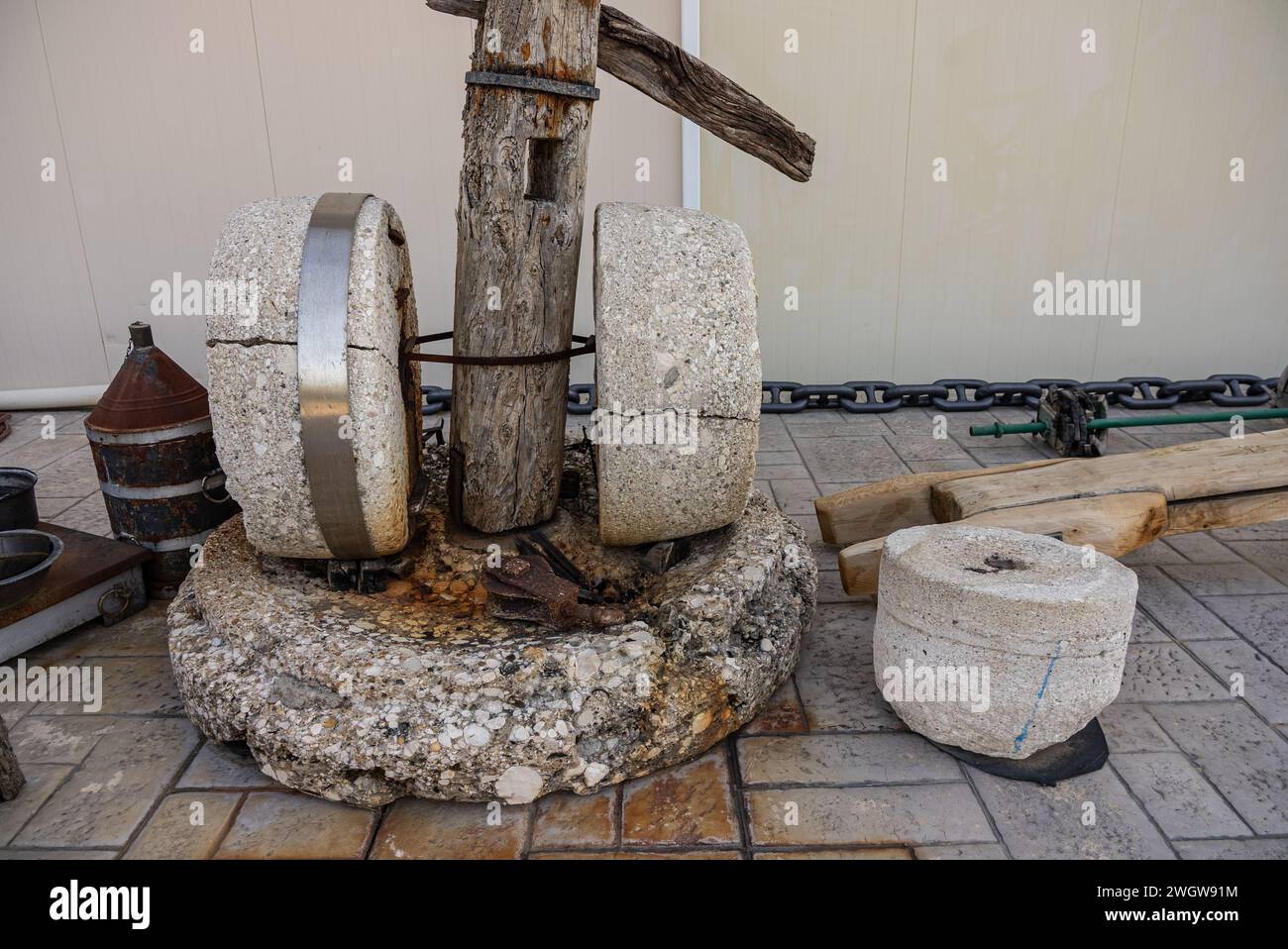 Olive oil museum. Traditional old olive oil press machines. Olive Oil ...