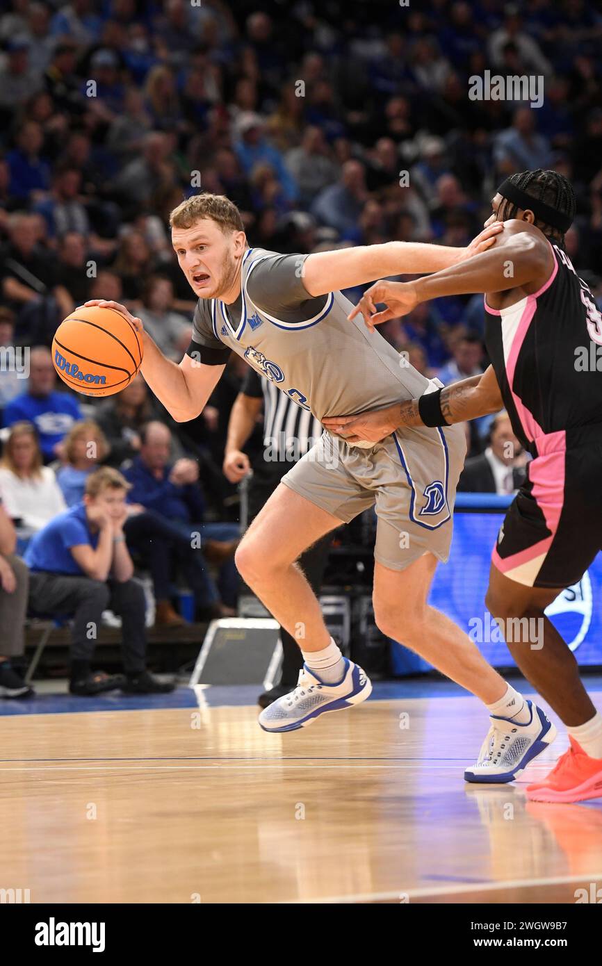 TERRE HAUTE, IN - FEBRUARY 03: Drake Bulldogs Guard Tucker DeVries (12) dribbles inside during ...