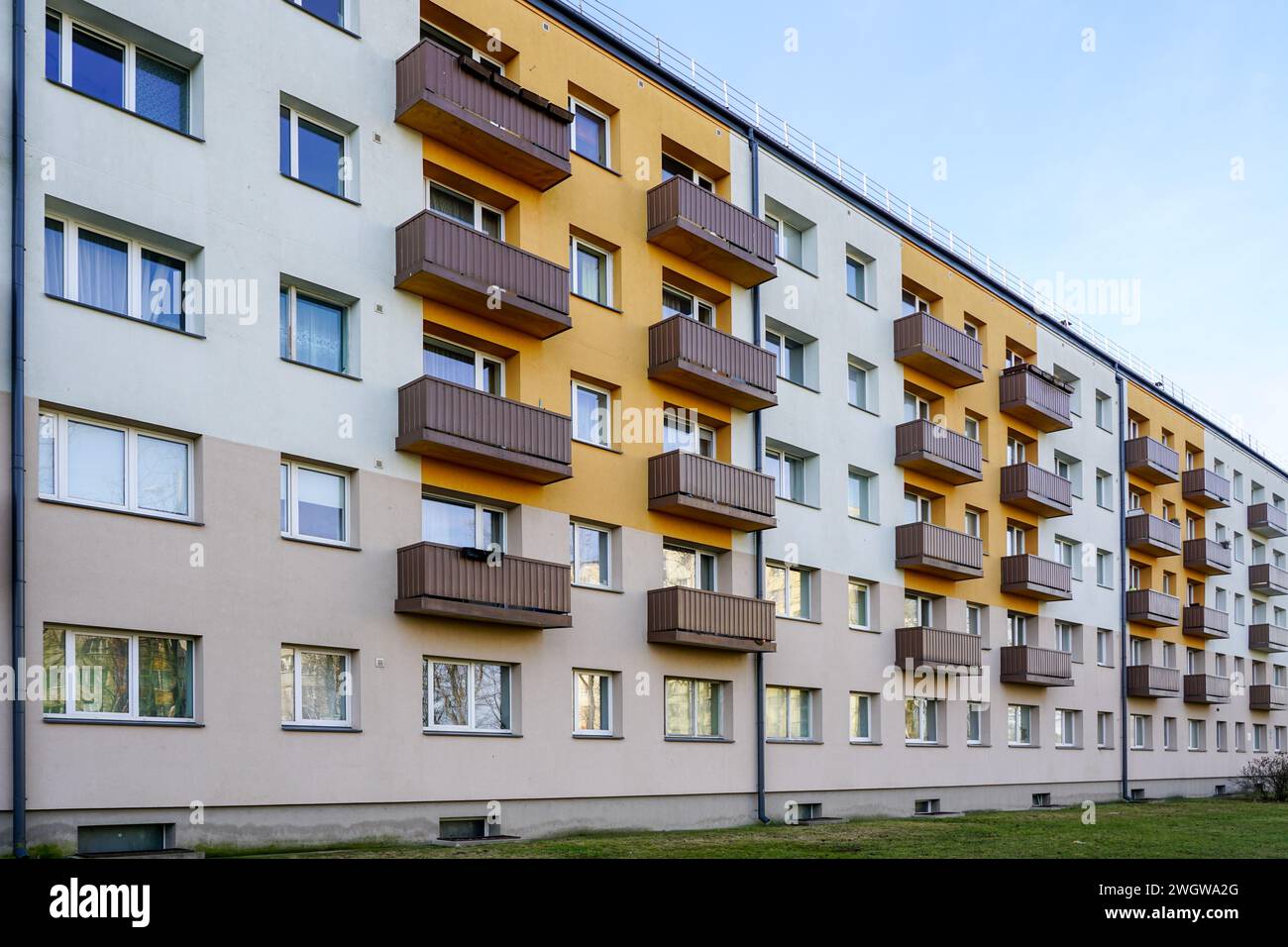 Renovated and thermally insulated facade of a typical 1970s apartment ...