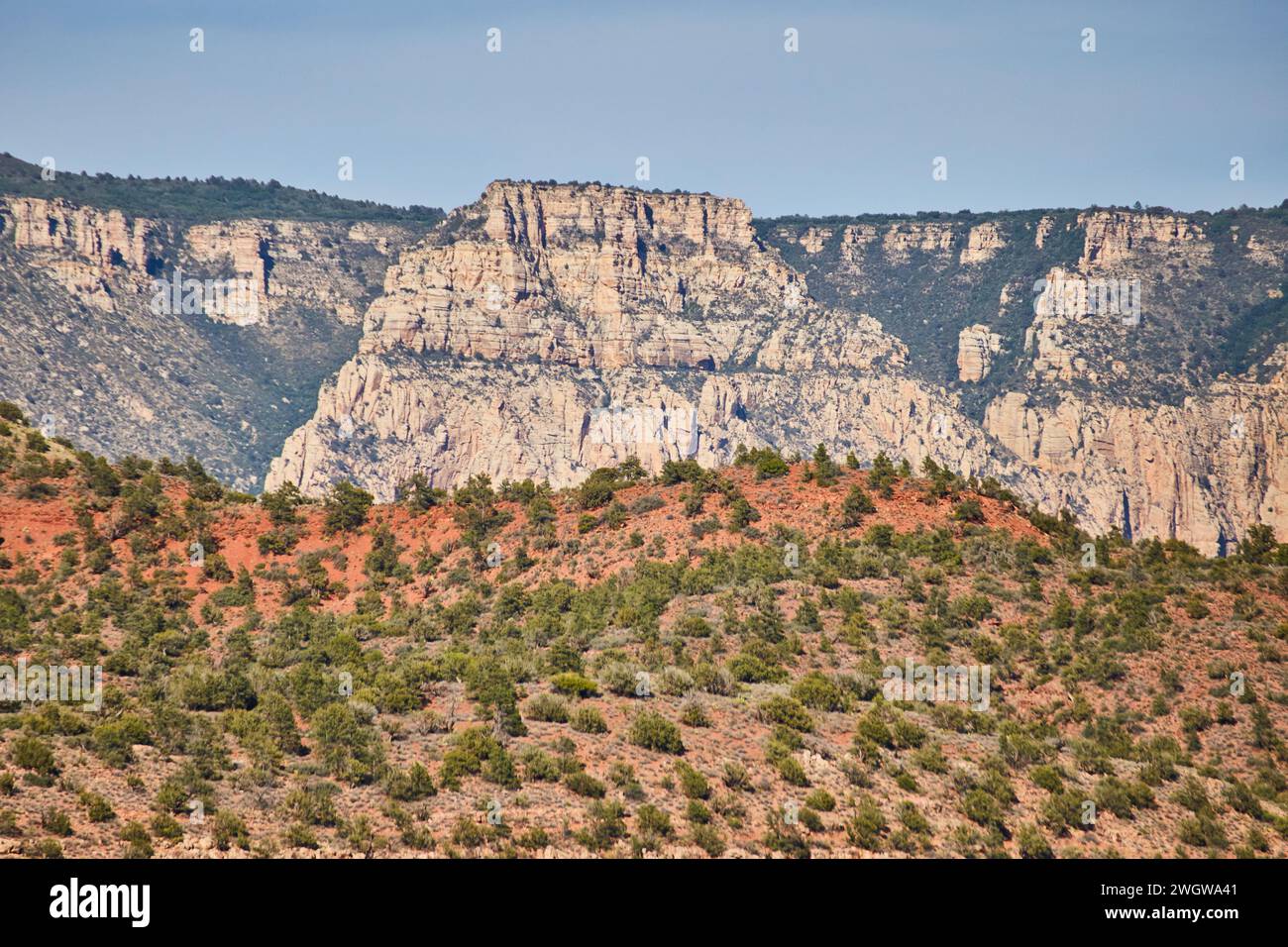 Sedona Cliffs with Red-Orange Terrain and Green Shrubs Stock Photo - Alamy