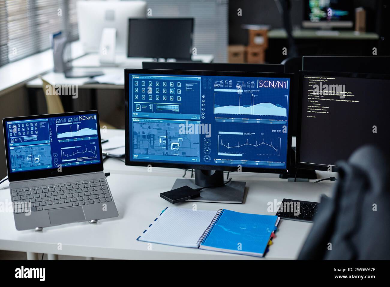 Background image of several computers on desk in cybersecurity ...