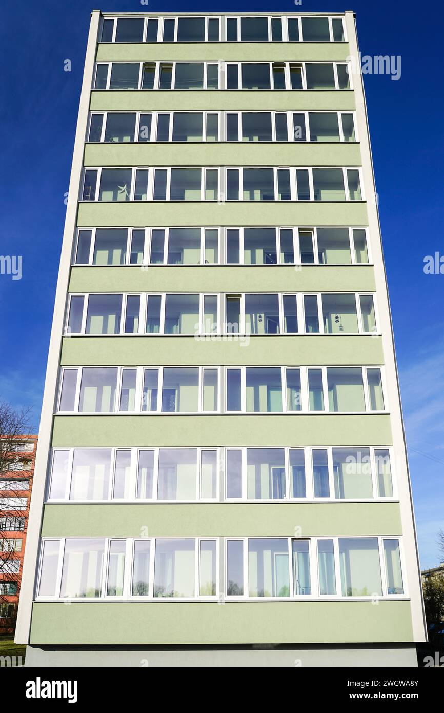 Renovated and thermally insulated facade of a typical 1970s apartment ...