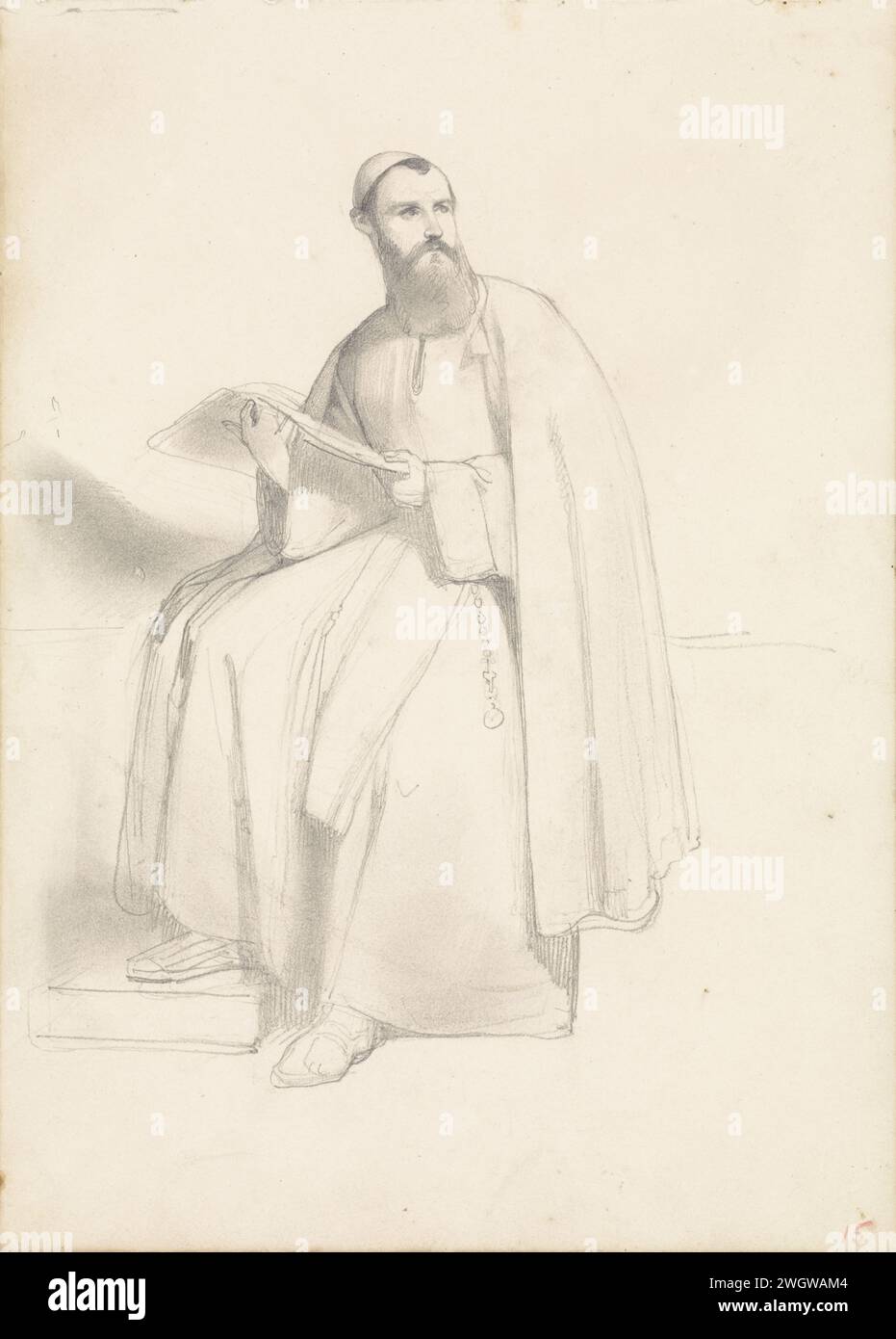 Sitting monk with a book, Johan Hendrik Koelman, 1830 - 1887 drawing ...