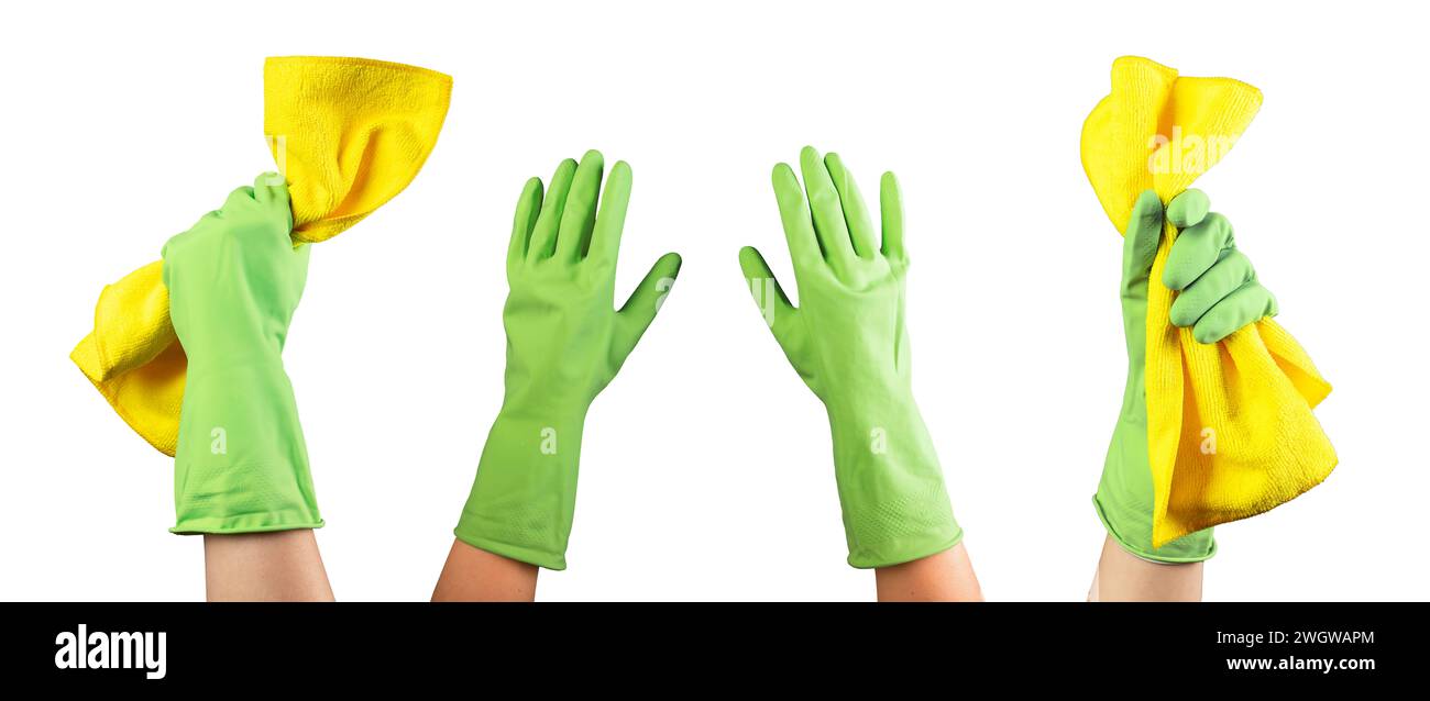 Hands in cleaning gloves holding wiper, cloth, duster, microfiber for ...