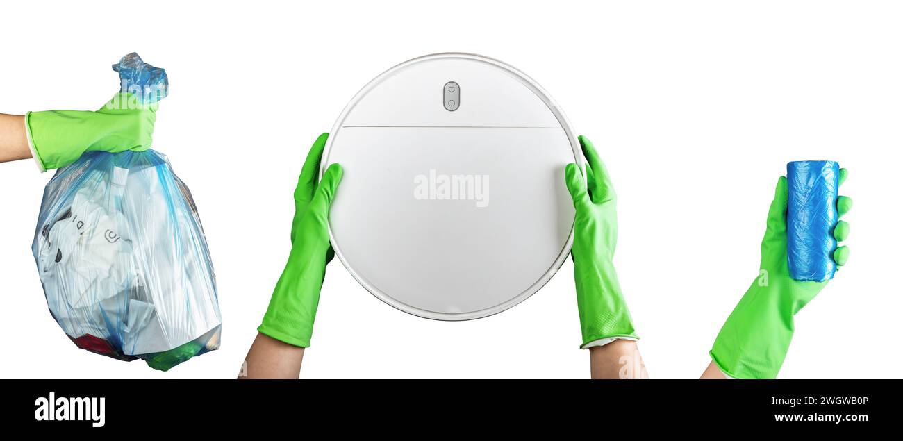 Plastic trash bag with garbage, robot vacuum cleaner in hand, waste ...