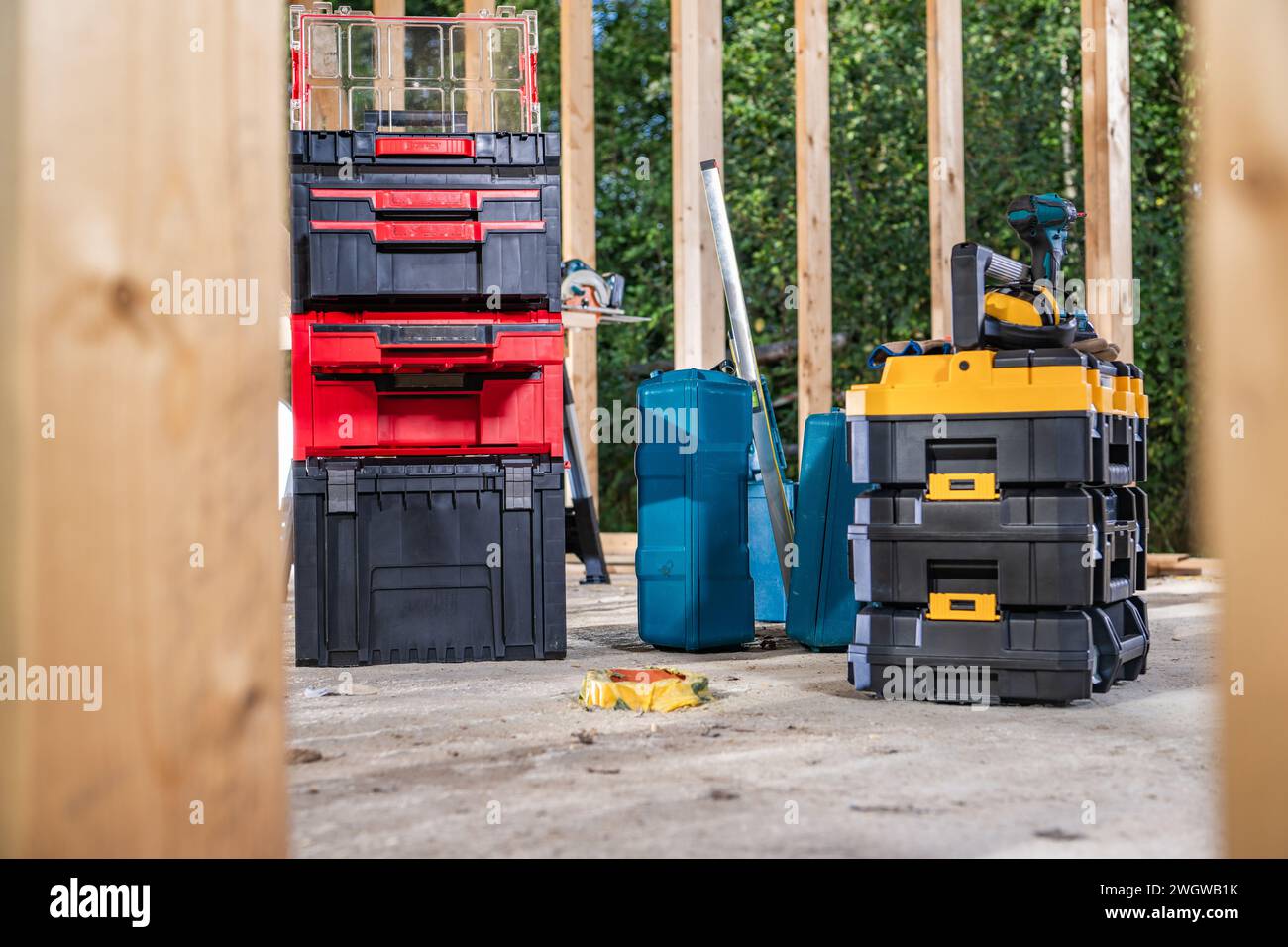 Power Tools Inside Plastic Containers Staying in Construction Site ...
