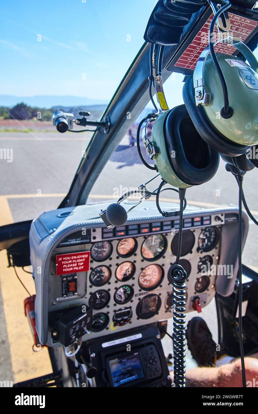Aerial Helicopter Cockpit View with Instruments and Headsets Stock ...