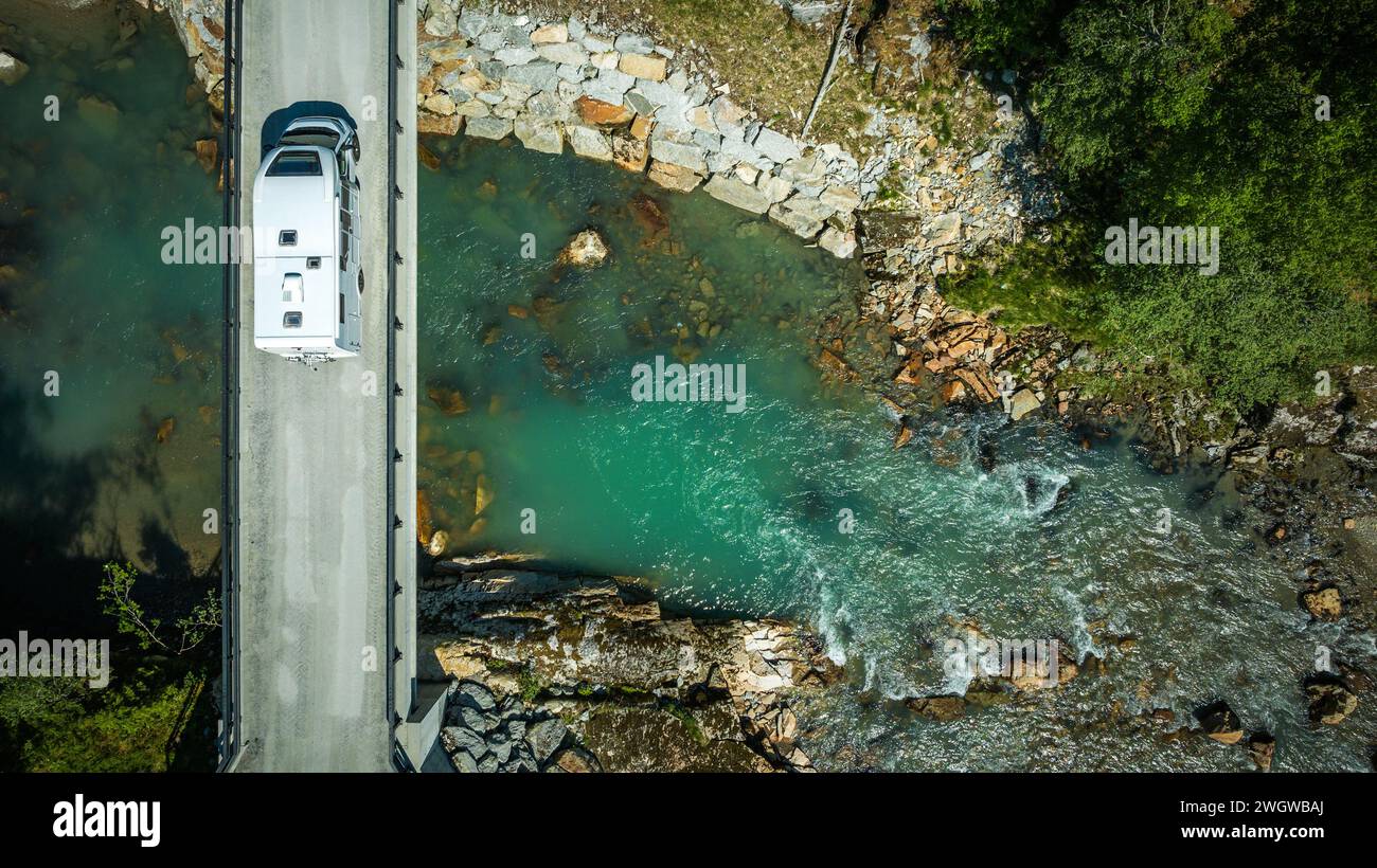 Modern Camper Van on a River Bridge Aerial Photo. Norwegian Scenic ...