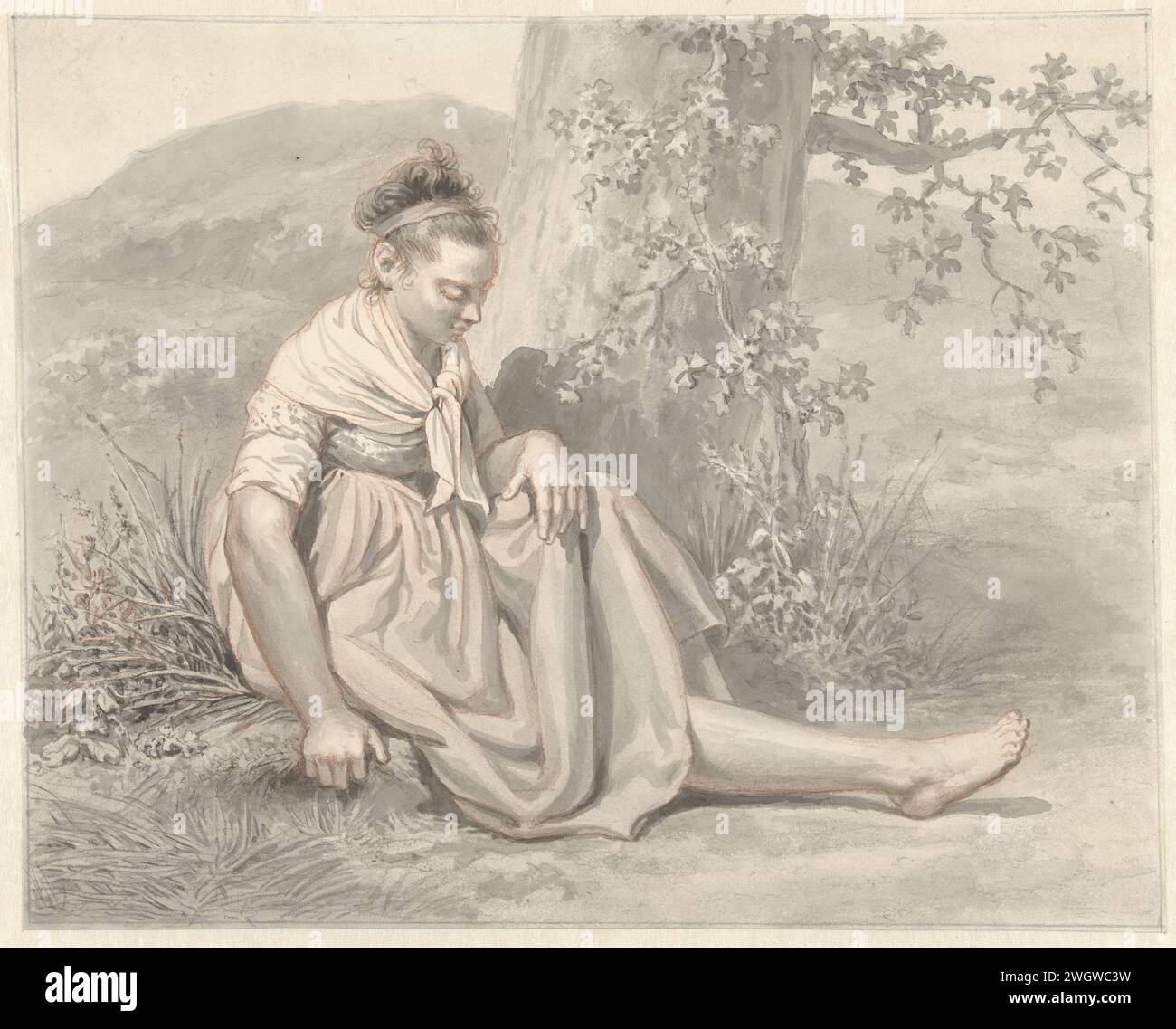 Farming girl sitting on the ground next to a tree, Jacob Ernst Marcus ...