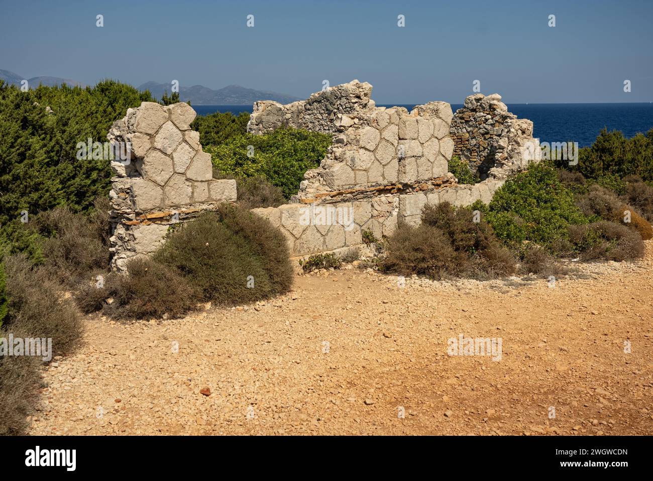 Ancient ruins on Skinari cape in sunny summer day. Zakynthos island ...