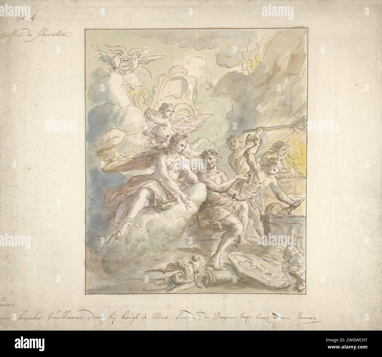 Design for a room painting with allegory on fire, Elias van Nijmegen ...