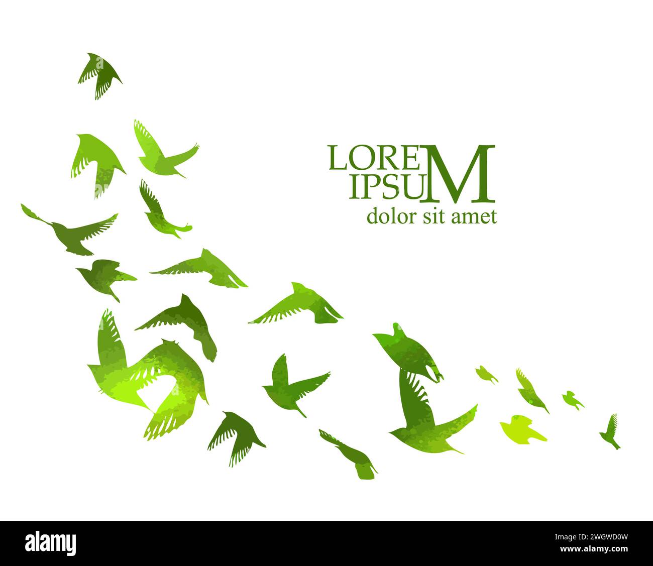 A flock of green watercolor flying birds. Free birds abstraction. hand ...
