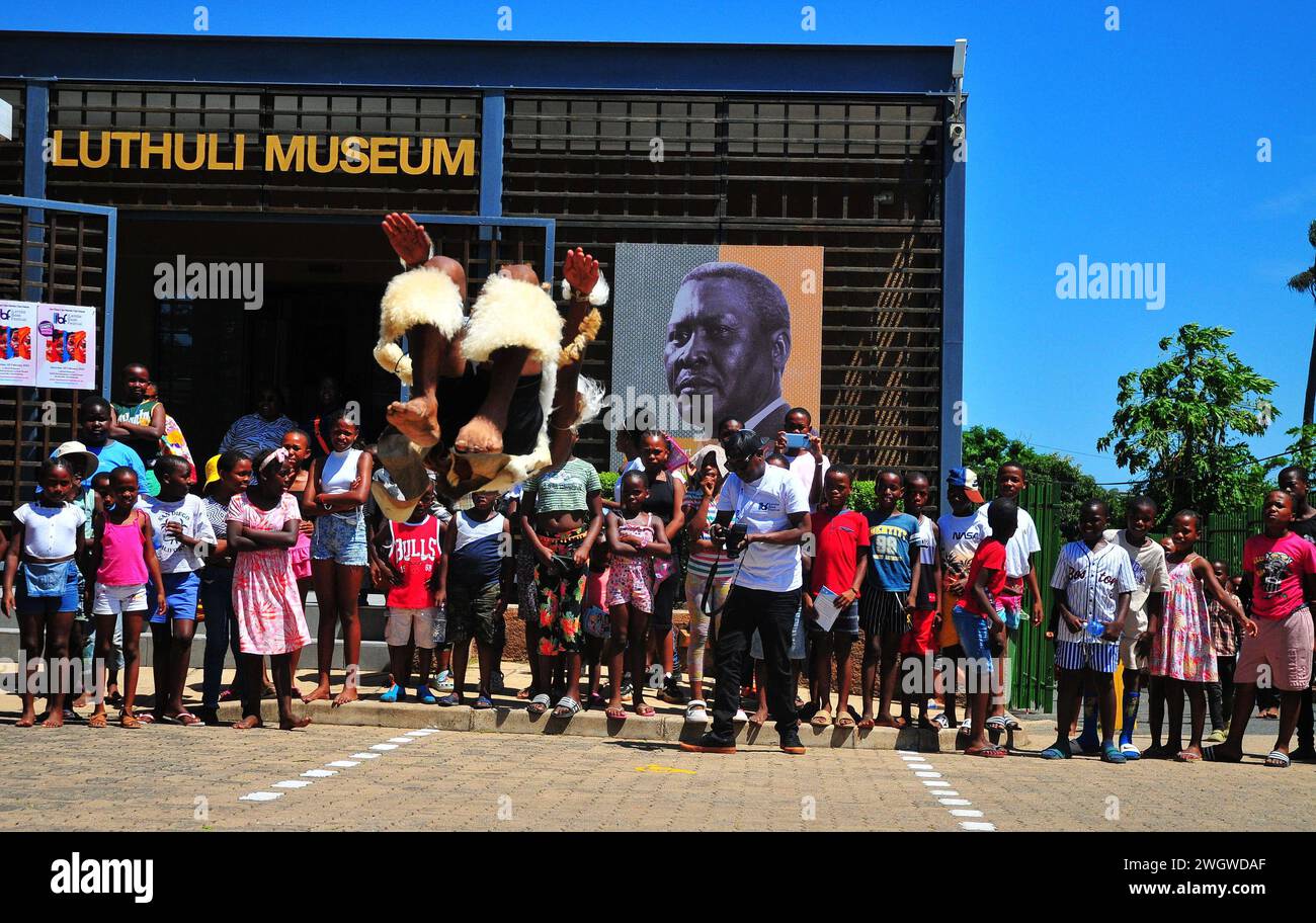 Zulu traditional dancers entertain the crowds during the iLembe Book ...