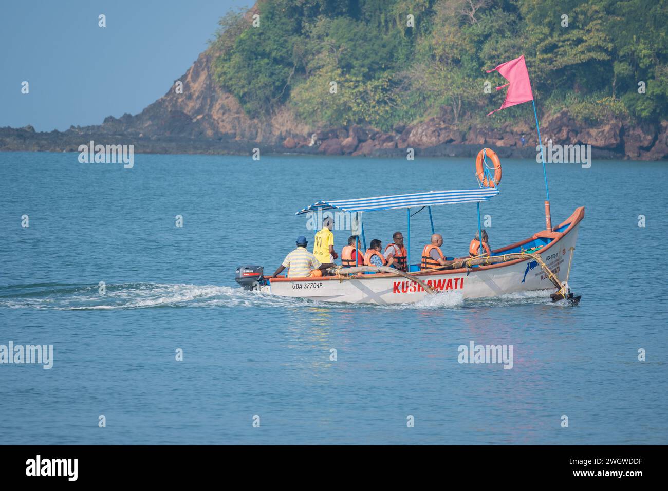 Agonda, Goa, India, Indian tourists on a boat in Agonda beach ...
