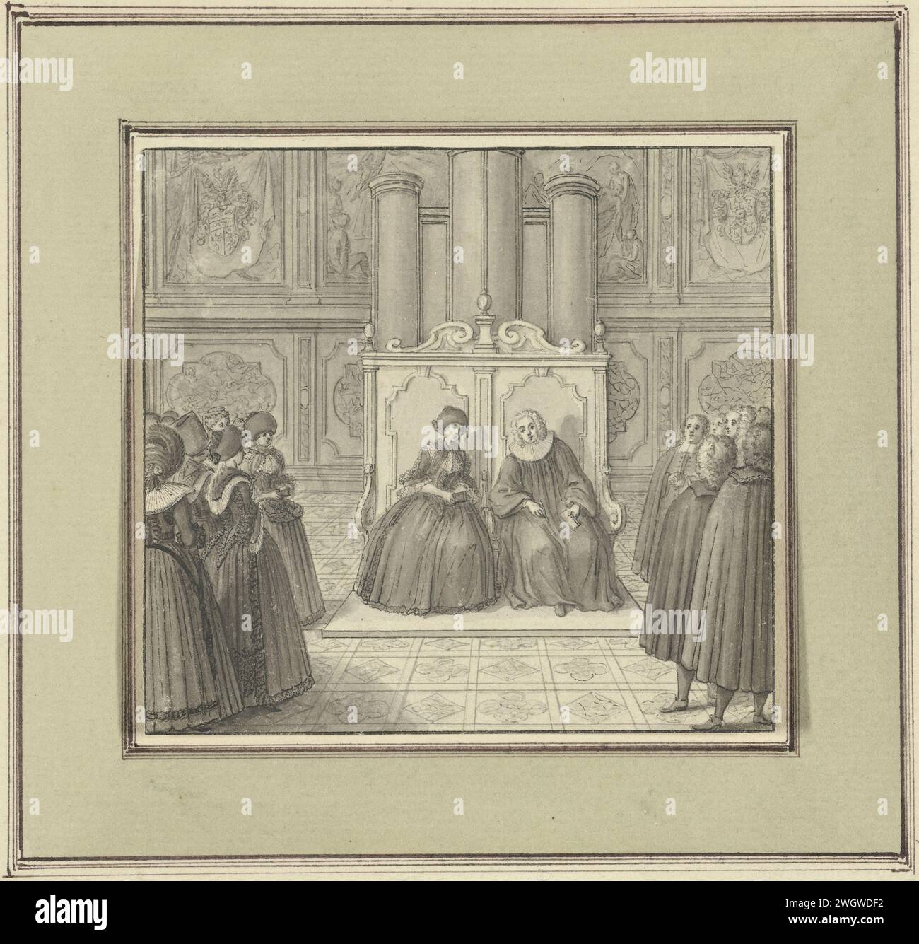 Male and wife in monumental bank sitting among standing people ...