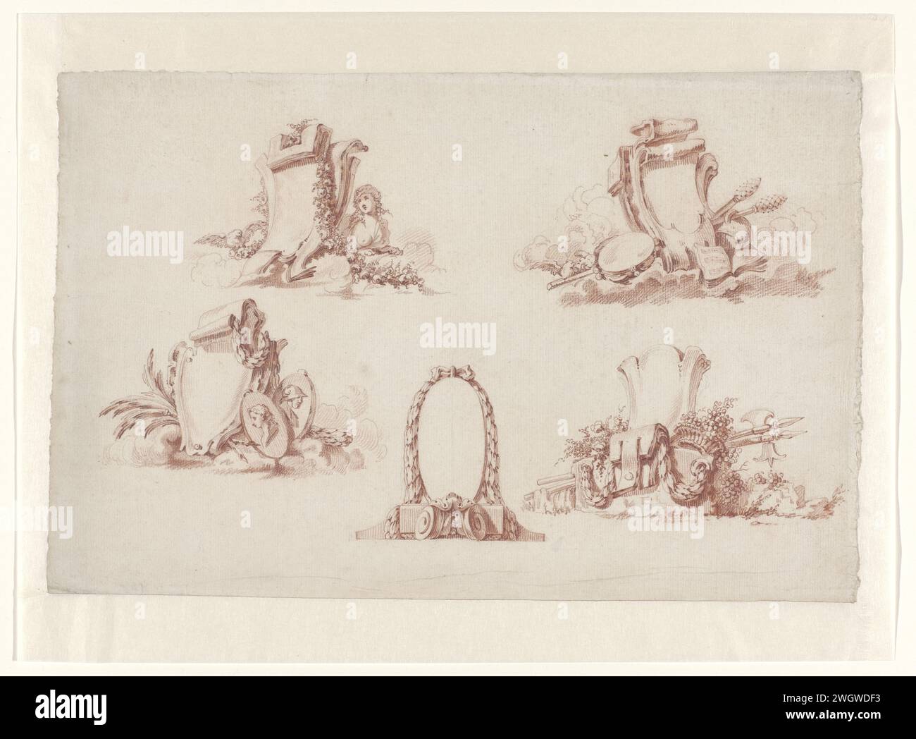 Five cartouches, Anonymous, c. 1760 - c. 1770 drawing Four designs for ...