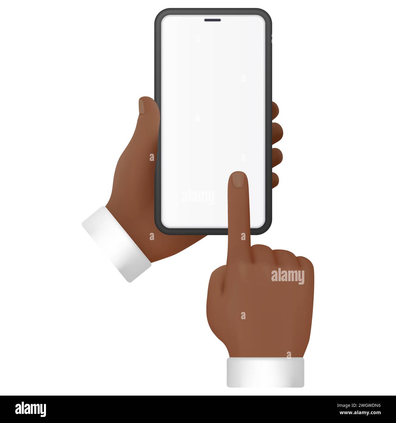 Human hands hold mobile phone, pointing finger at blank screen vector ...