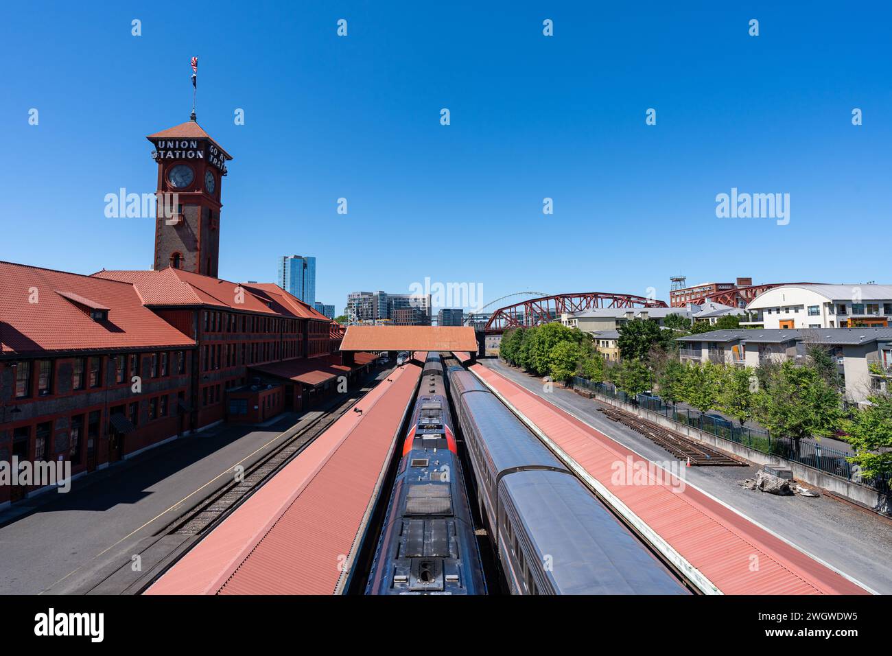 An elevated view of Portland Union Station which services Amtrak on a ...
