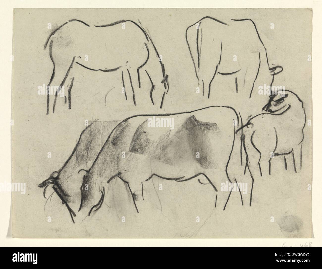 Grazing cows and horses, Leo Gestel, 1891 - 1941 drawing paper. chalk ...