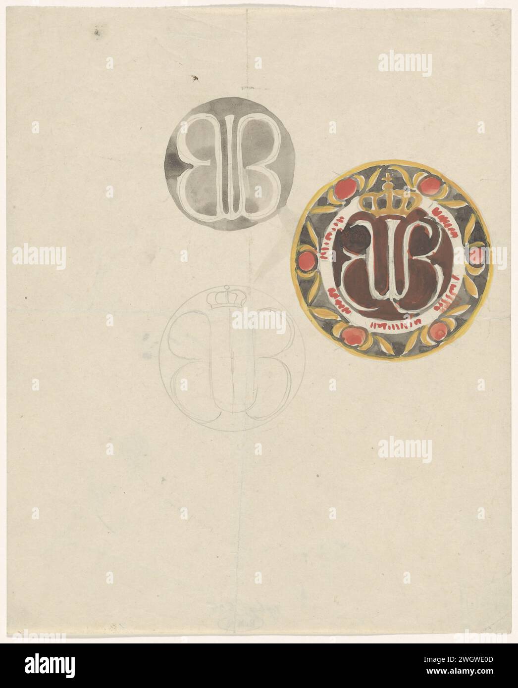 Designs for a board with crown and monogram, Carel Adolph Lion Cachet ...