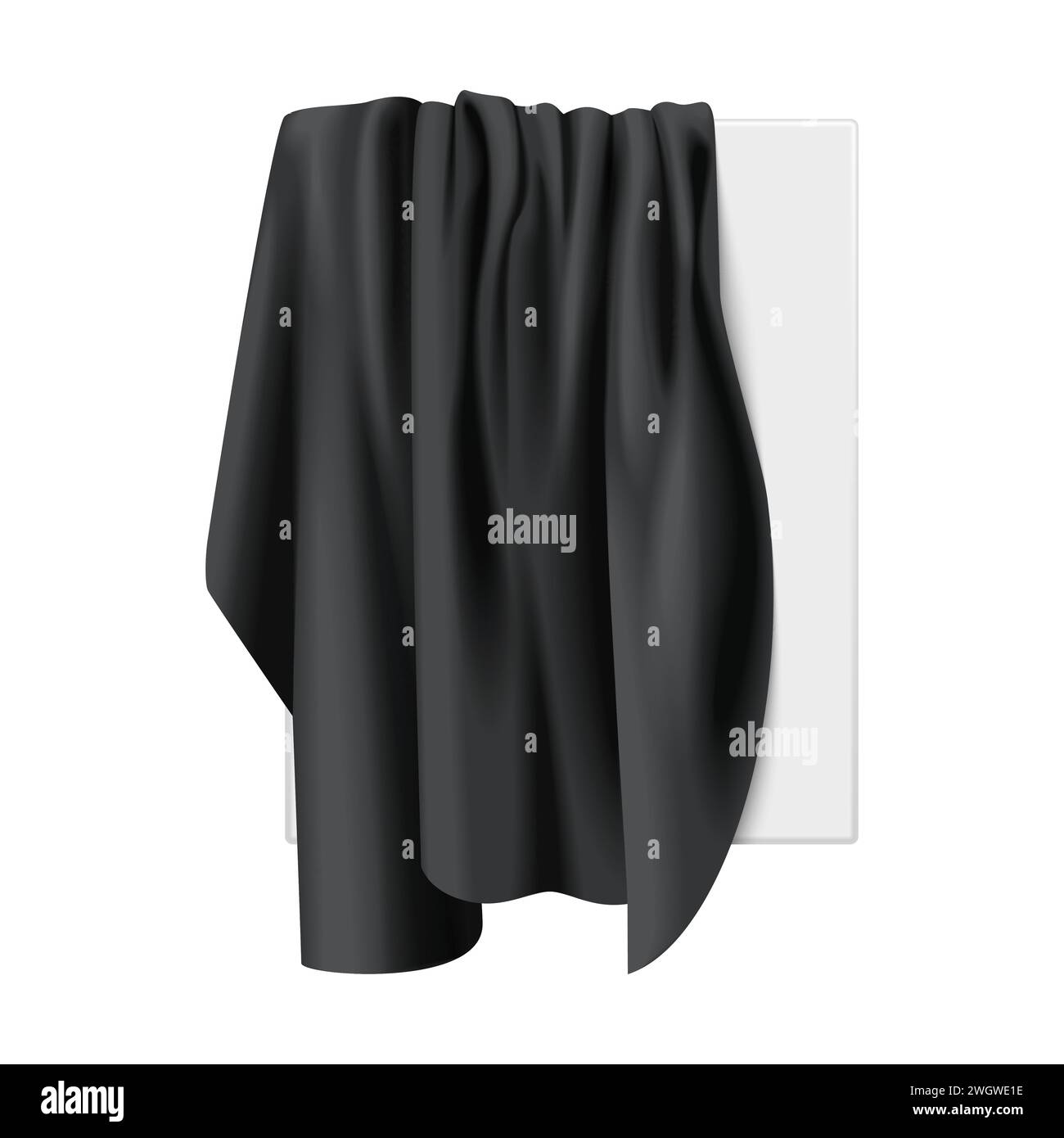 White board, sheet of paper hidden under black silk fabric with drapery ...