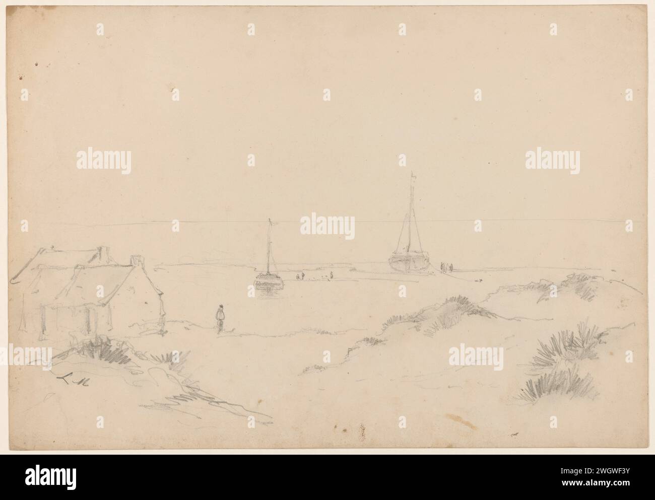View of the beach with two ships, Louis Meijer, 1819 - 1866 drawing ...