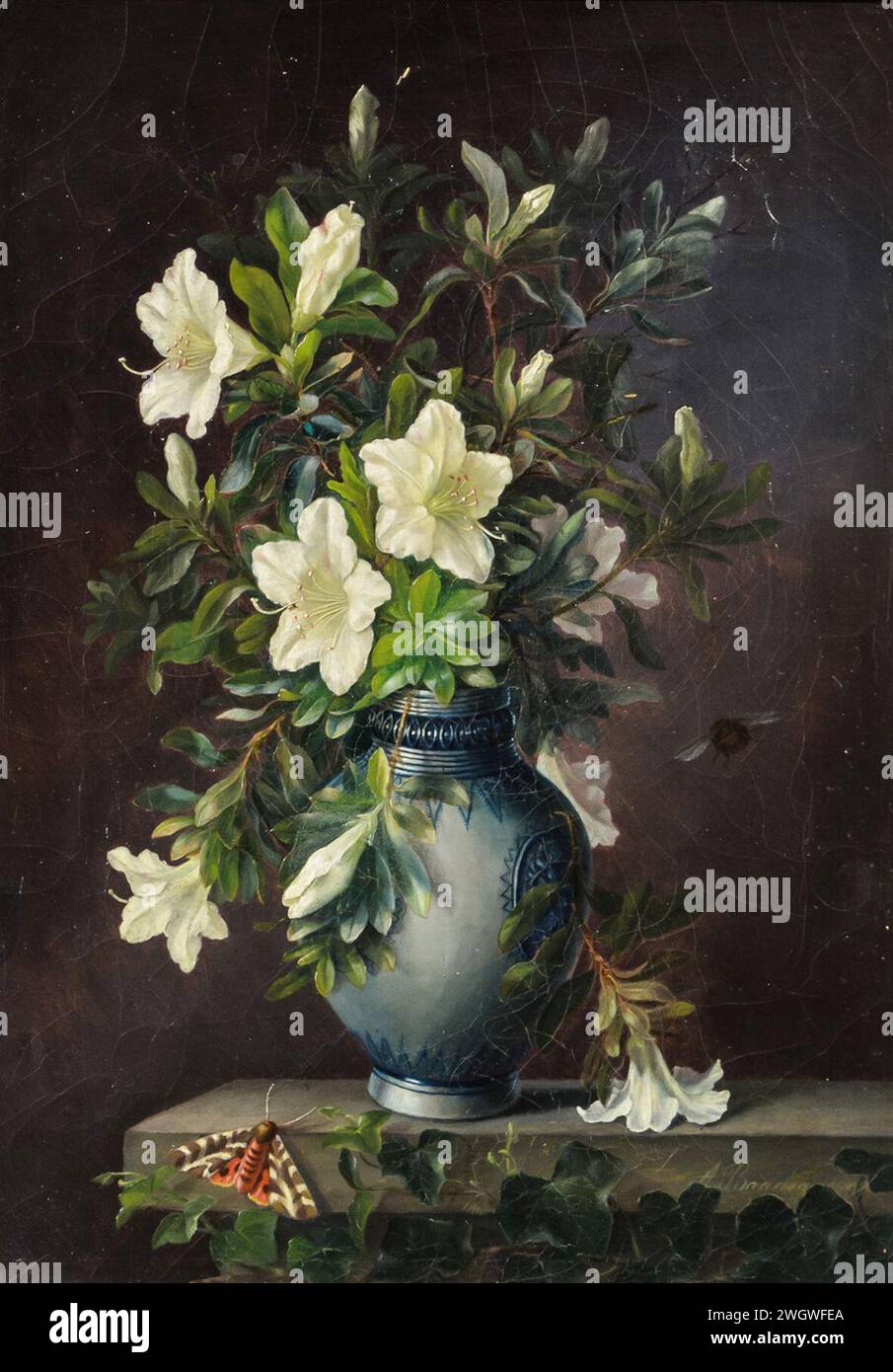 Alfrida Baadsgaard - Opstilling med azalieblomster, natsværmer og ...